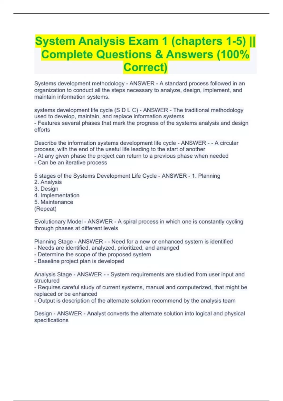 System Analysis Exam 1 (chapters 1-5) || Complete Questions & Answers ...