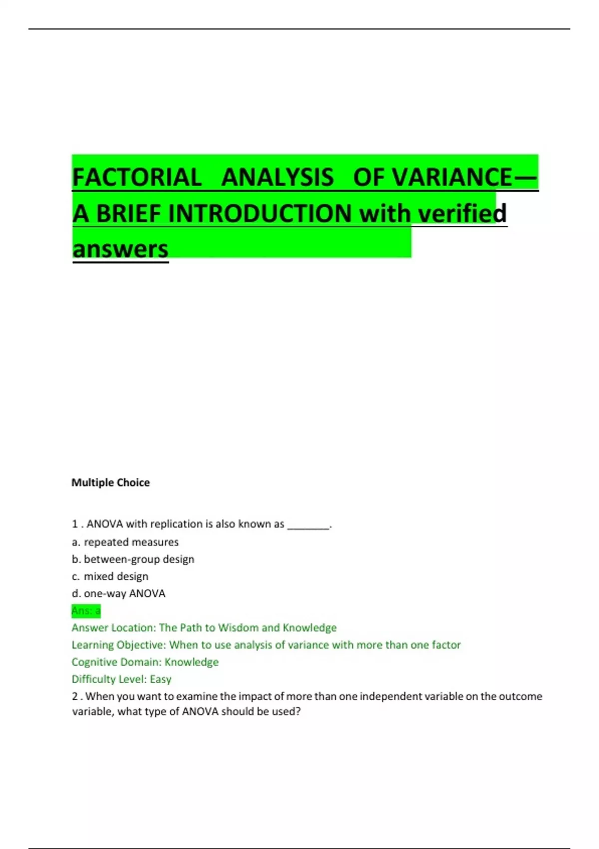 FACTORIAL ANALYSIS OF VARIANCE— A BRIEF INTRODUCTION with verified answers - PSY 3211 - Stuvia US