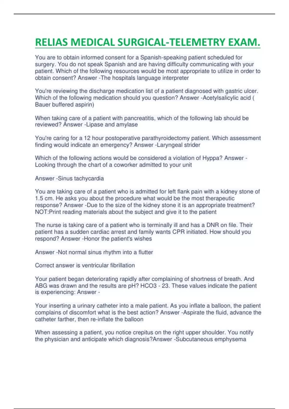 RELIAS MEDICAL SURGICAL-TELEMETRY EXAM - RELIAS MEDICAL SURGICAL ...