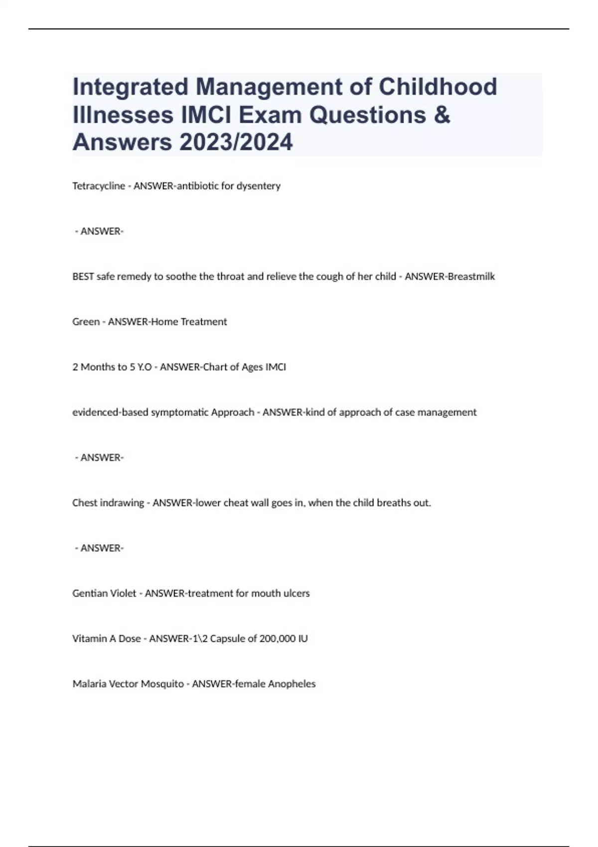 Integrated Management of Childhood Illnesses IMCI Exam Questions ...