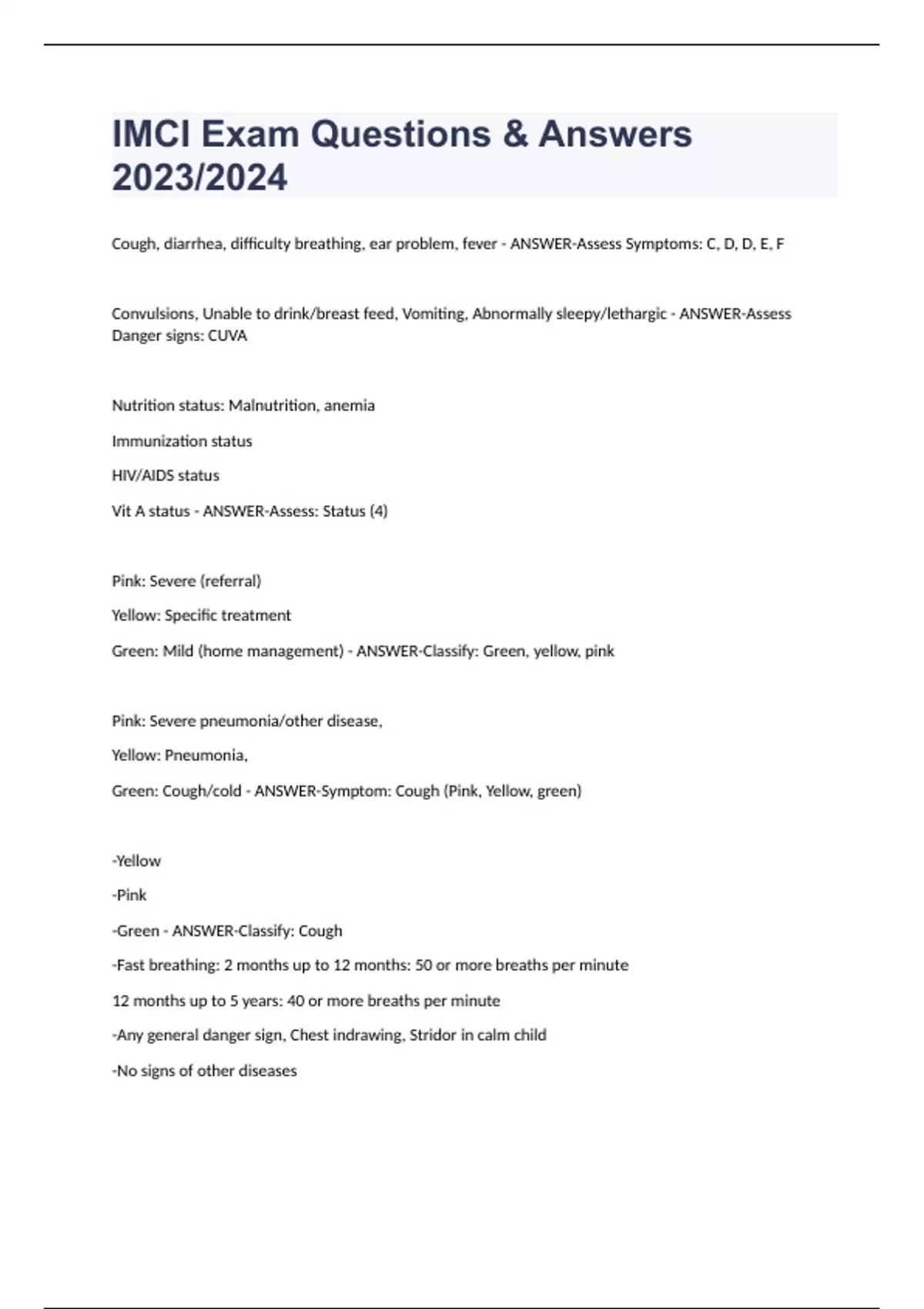 IMCI Exam Questions & Answers 2023/2024 - IMCI E - Stuvia US