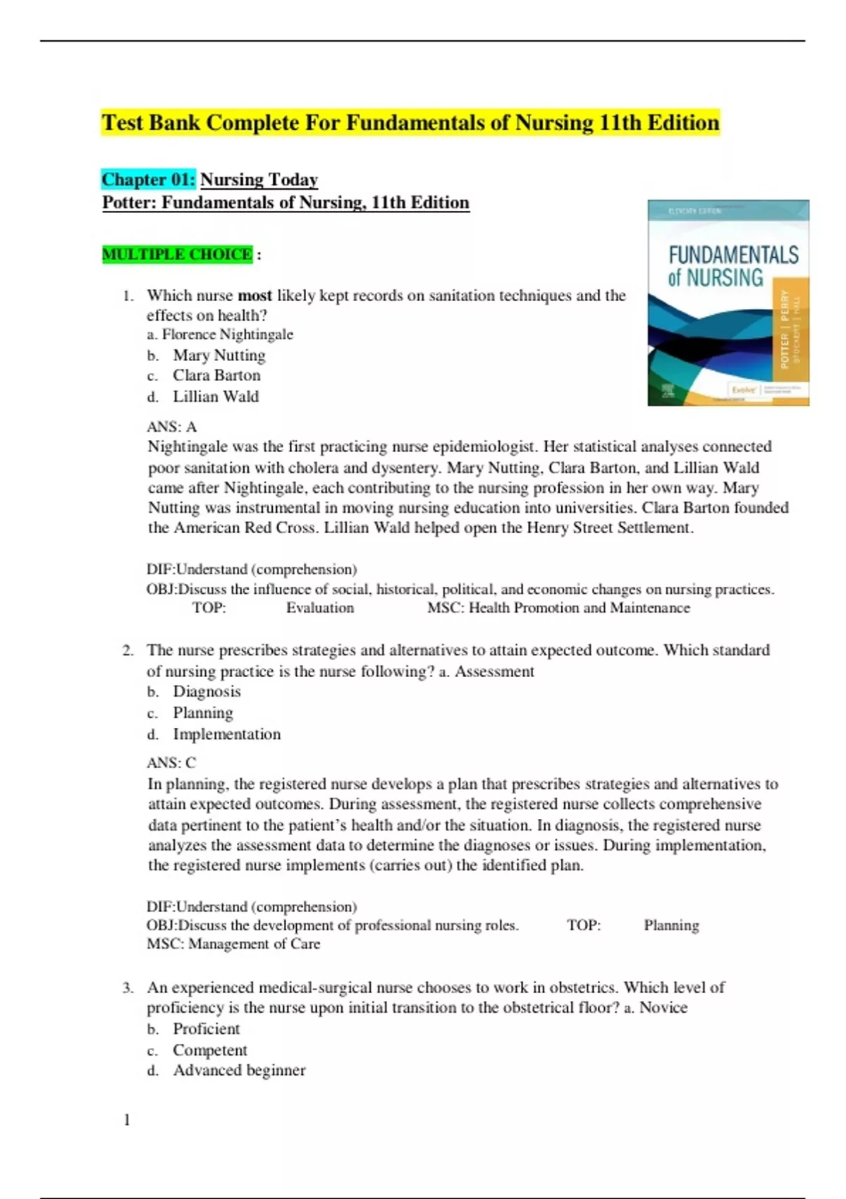 Fundamentals of Nursing 11th Edition Test Bank by Potter and Perry ...