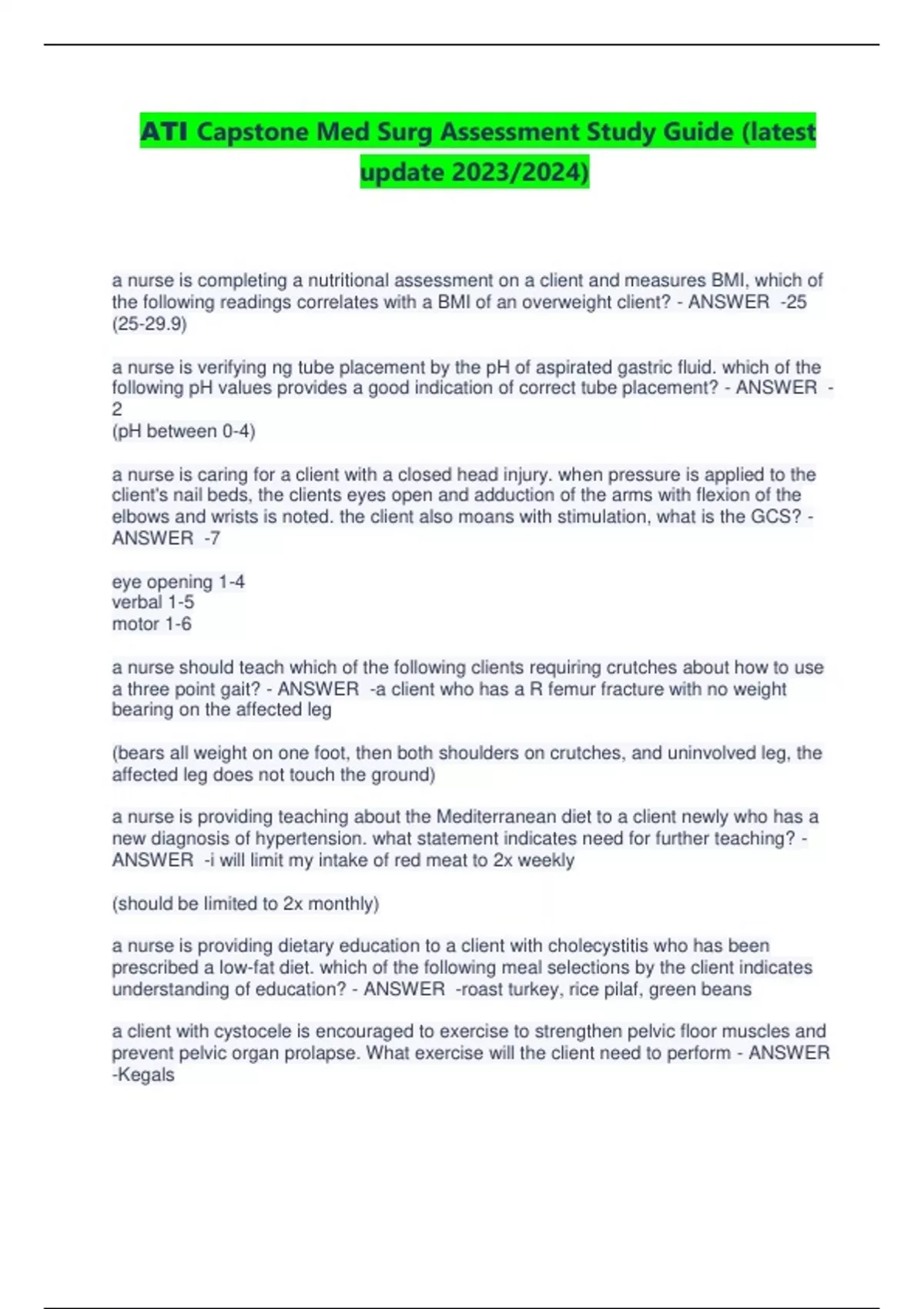 ATI Capstone Med Surg Assessment Study Guide (latest update - ATI ...