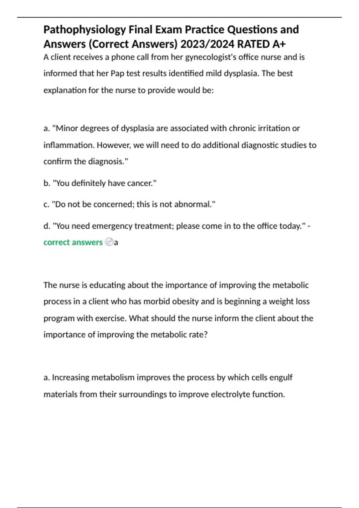 Pathophysiology Final Exam Practice Questions and Answers (Correct ...