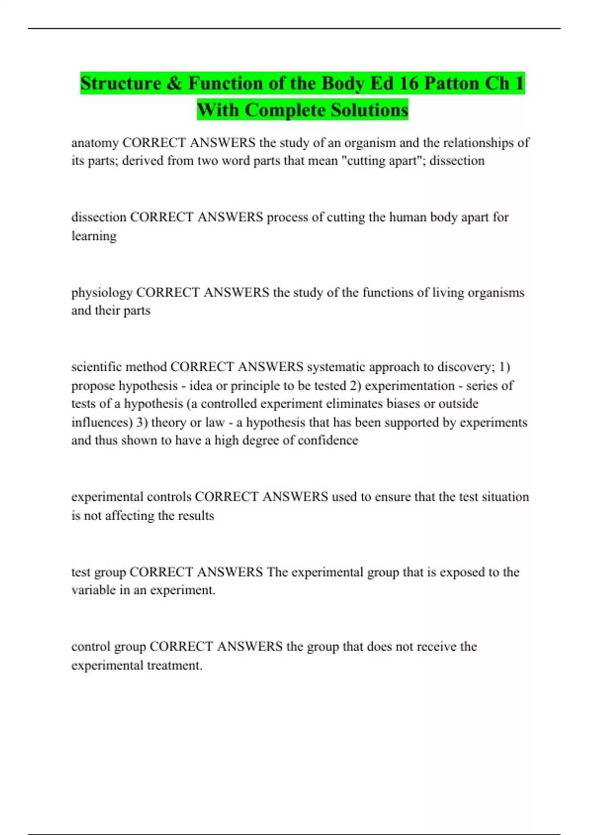 Structure & Function of the Body Ed 16 Patton Ch 1 With Complete Solutions - Structure and ...
