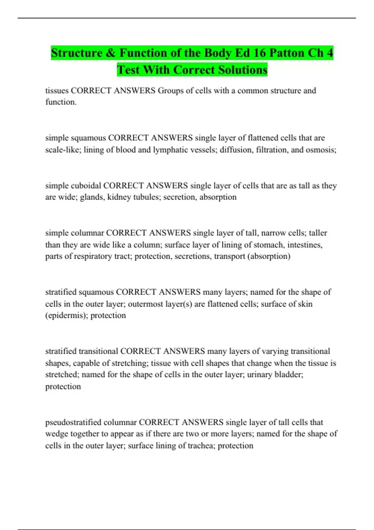 Structure & Function of the Body Ed 16 Patton Ch 4 Test With Correct ...