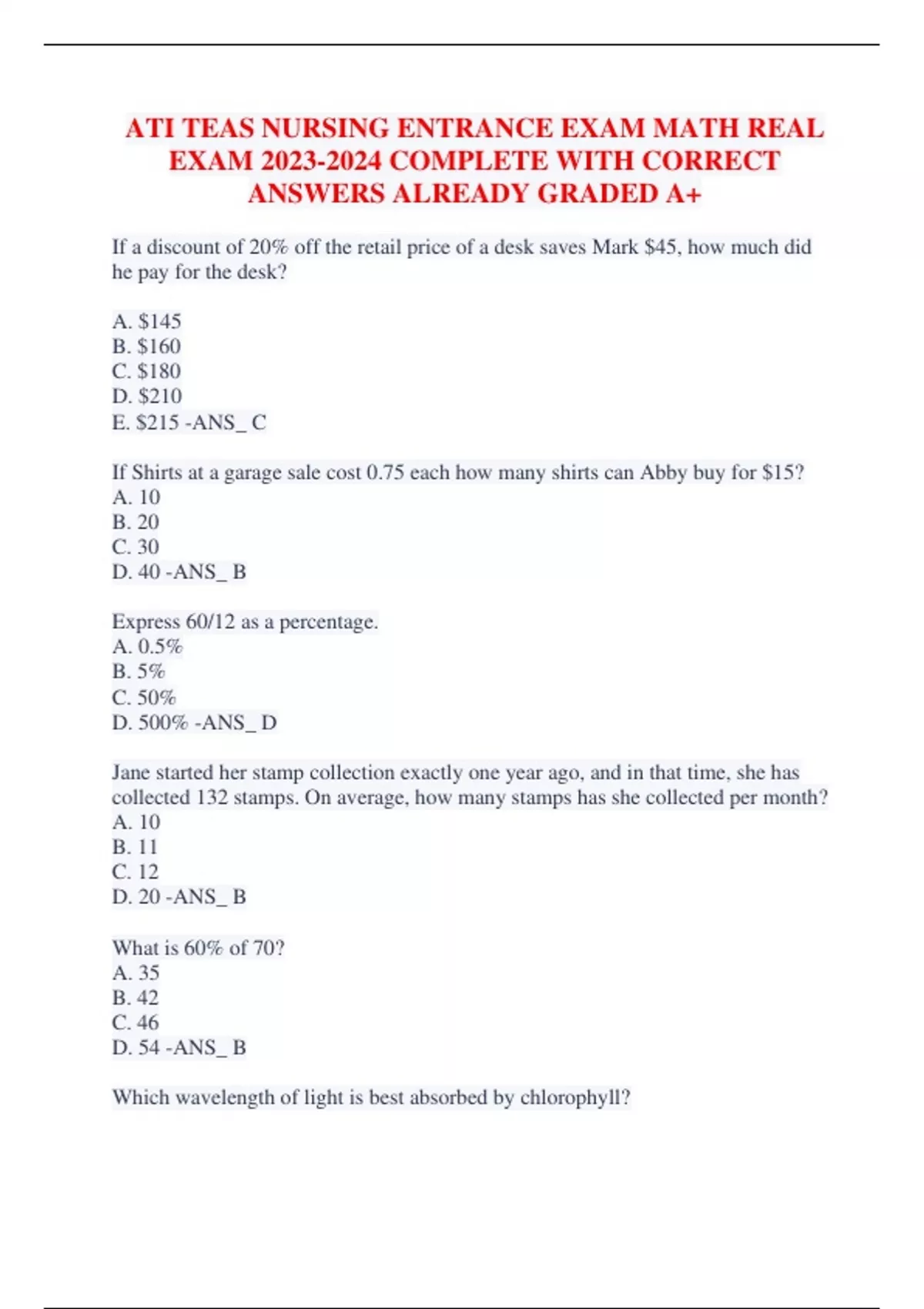 ATI TEAS NURSING ENTRANCE EXAM MATH REAL EXAM COMPLETE WITH CORRECT ...