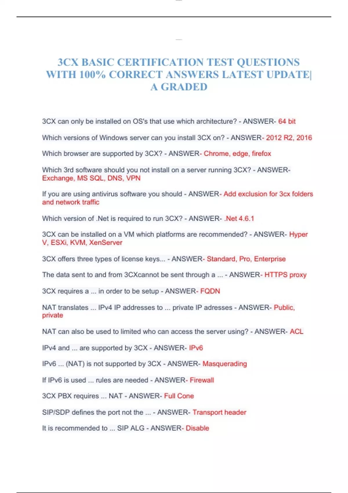 3cx Basic certification Exam Questions and Answers! 100% CORRECT ...