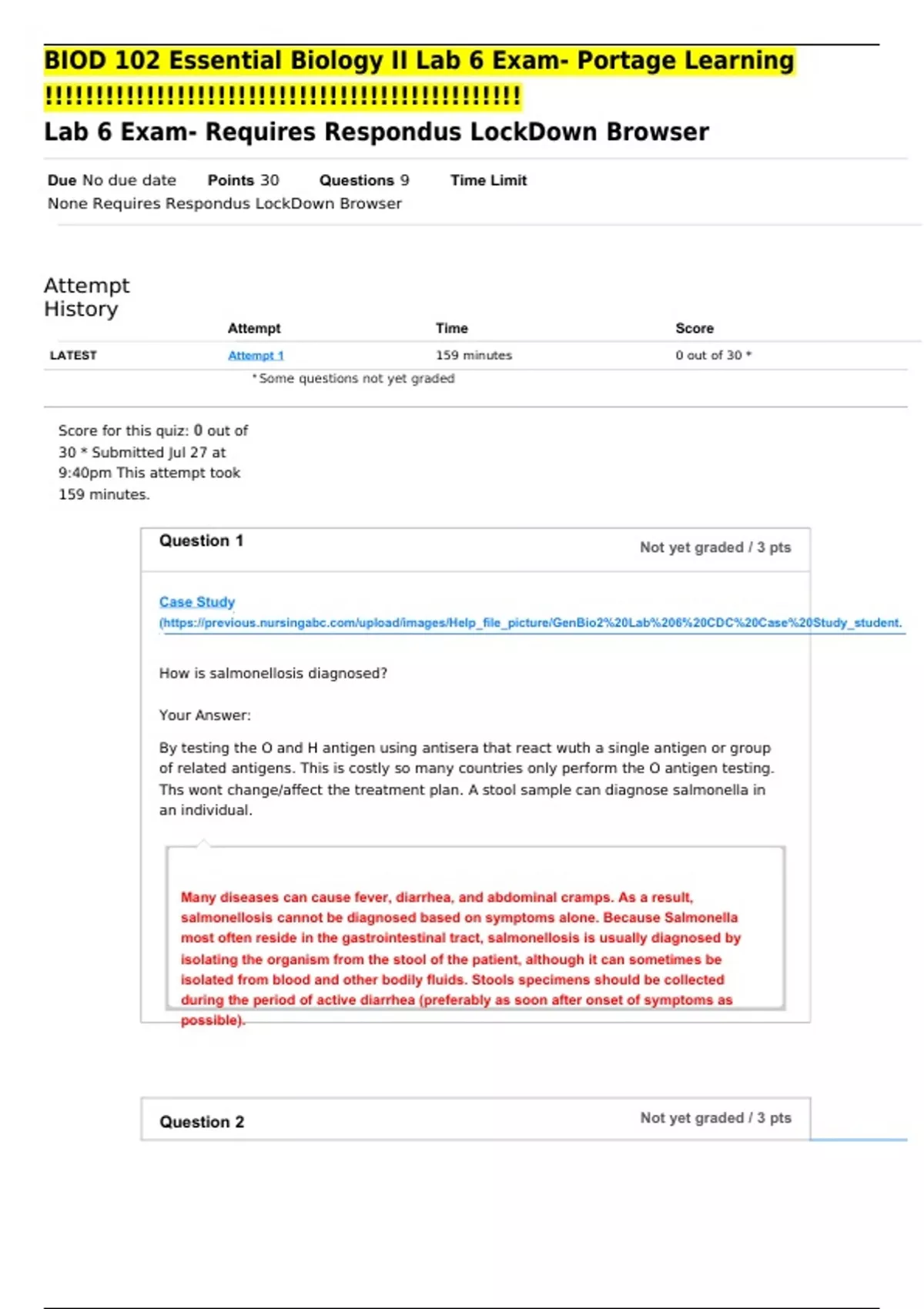 BIOD 102 Essential Biology II Lab 6 Exam- Portage Learning questions ...