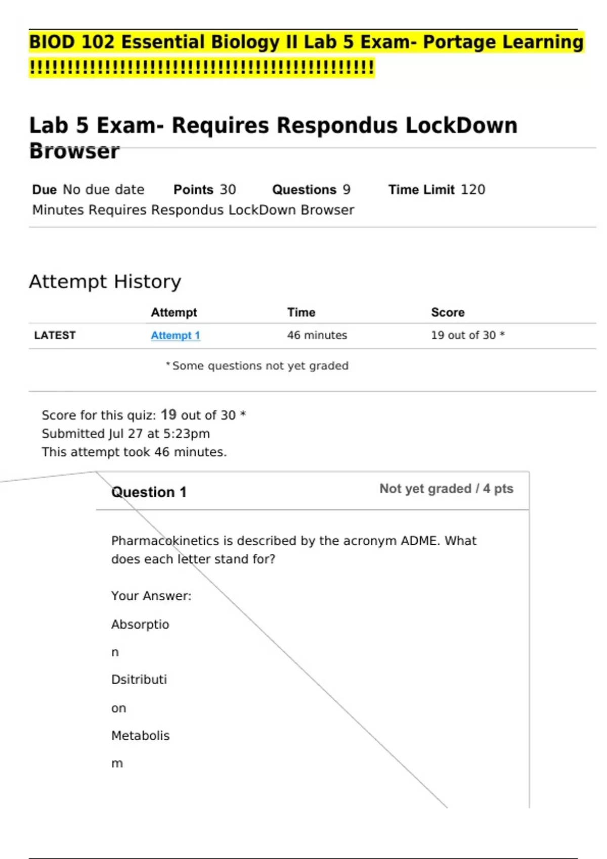 BIOD 102 Essential Biology II Lab 5 Exam- Portage Learning questions ...