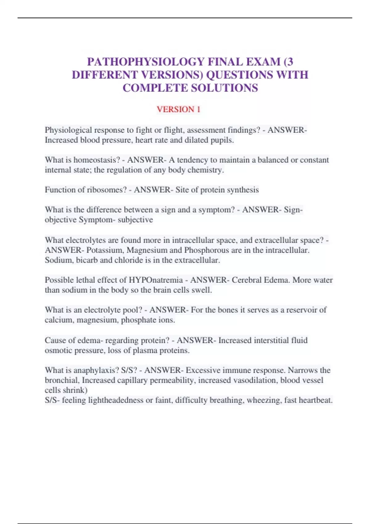 PATHOPHYSIOLOGY FINAL EXAM (3 DIFFERENT VERSIONS) QUESTIONS WITH ...