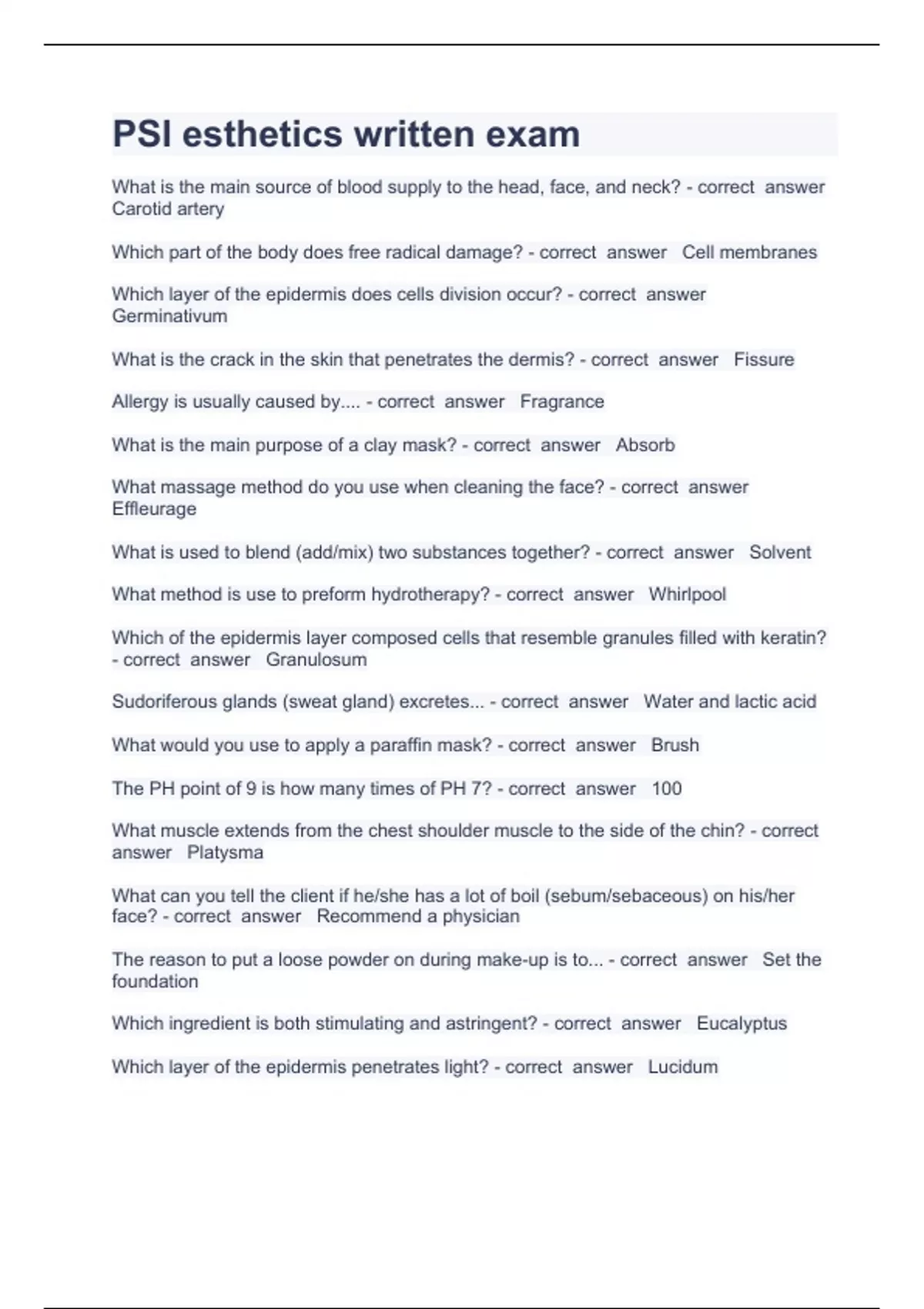 PSI esthetics written exam Question and answers 100% correct 2025 ...