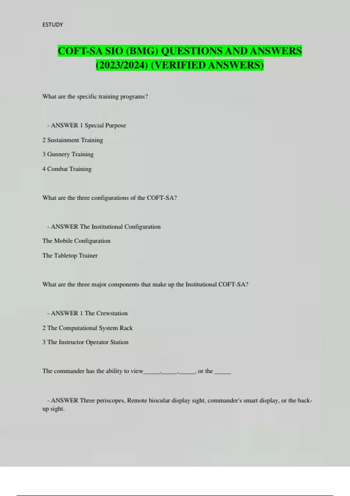 COFT-SA SIO (BMG) QUESTIONS AND ANSWERS (2023/2024) (VERIFIED ANSWERS ...