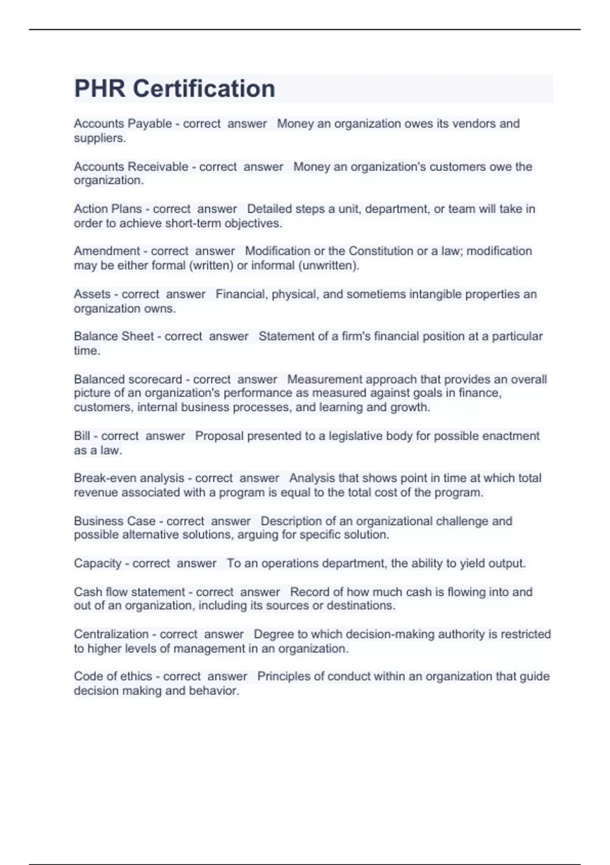 PHR Certification Question and answers correctly solved 2023 - HRCI ...