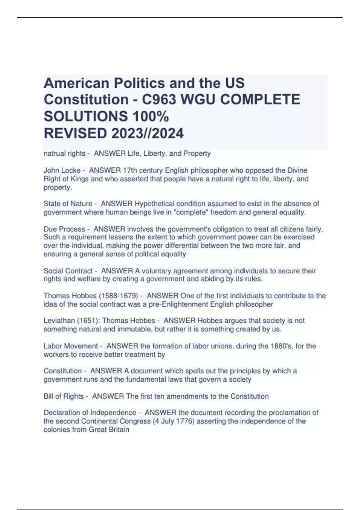 American Politics and the US Constitution - C963 WGU COMPLETE SOLUTIONS ...