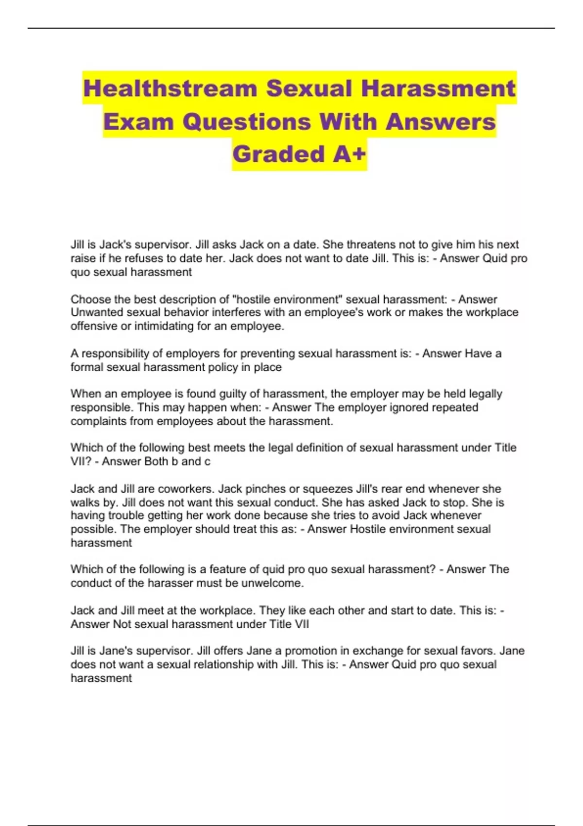 Healthstream Sexual Harassment Exam Questions With Answers Graded A+ ...