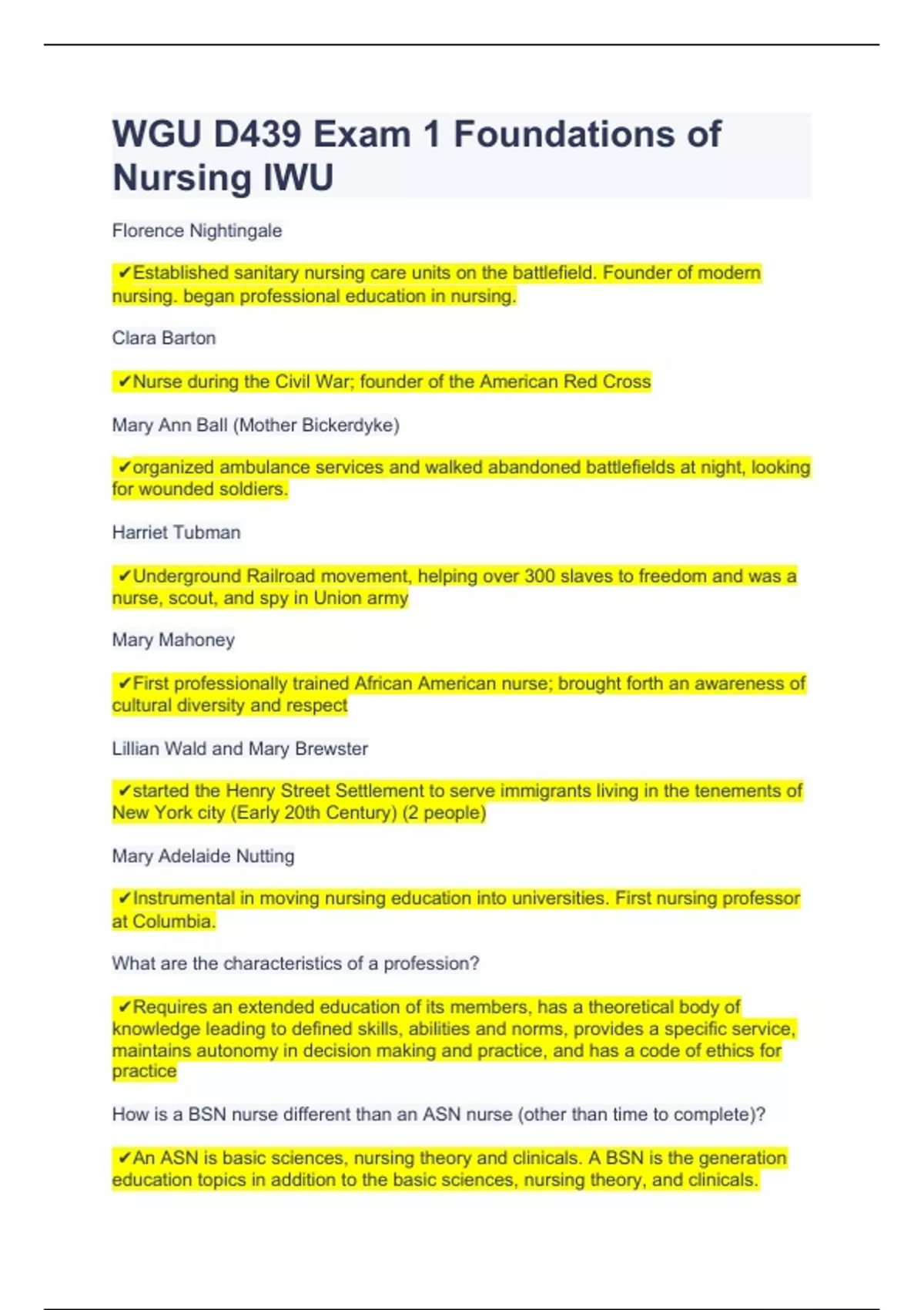 WGU D439 Exam 1 Foundations of Nursing IWU - WGU D439 Foundations of ...