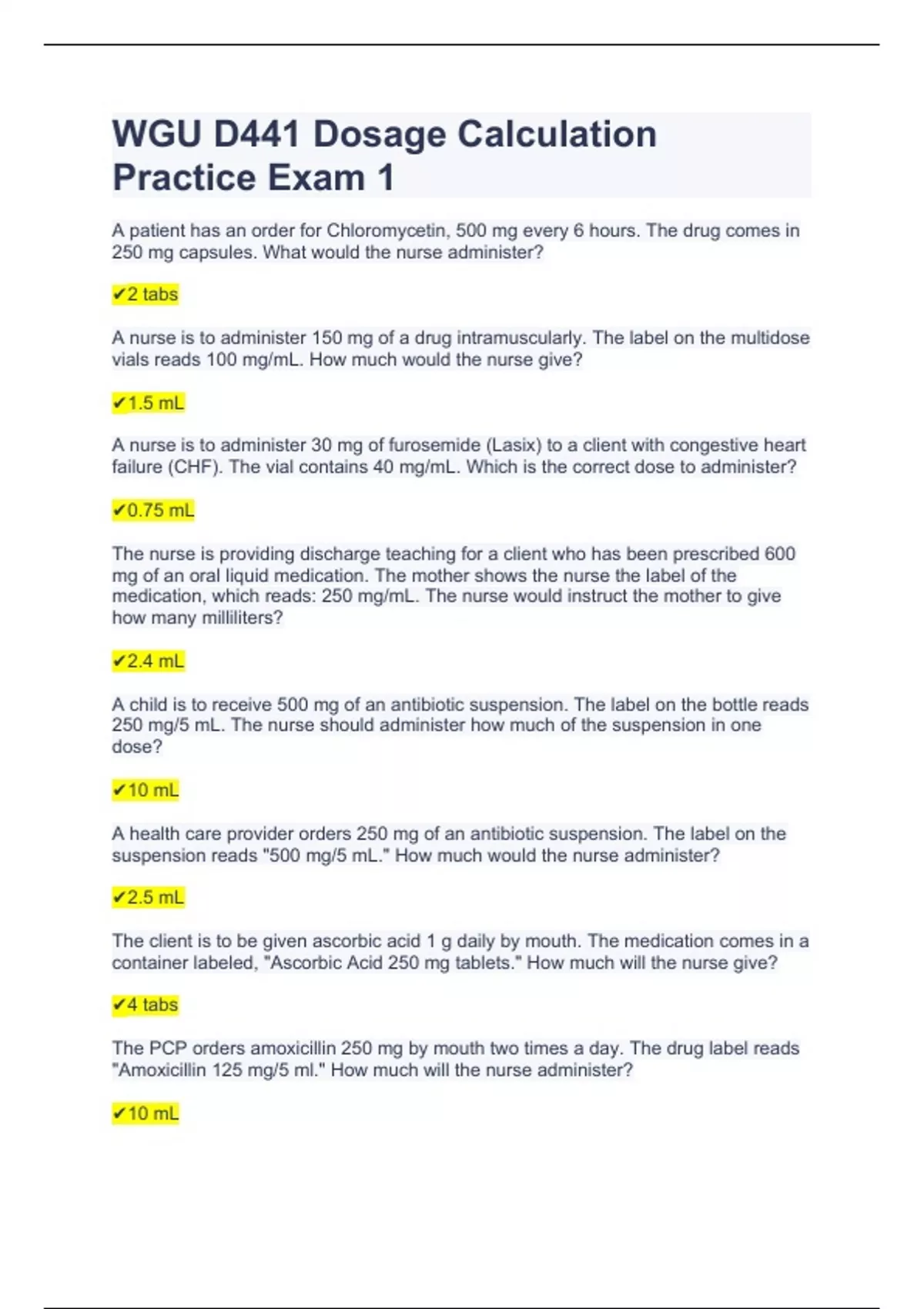 WGU D441 Dosage Calculation Practice Exam 1 - WGU D441 Medical Dosage ...