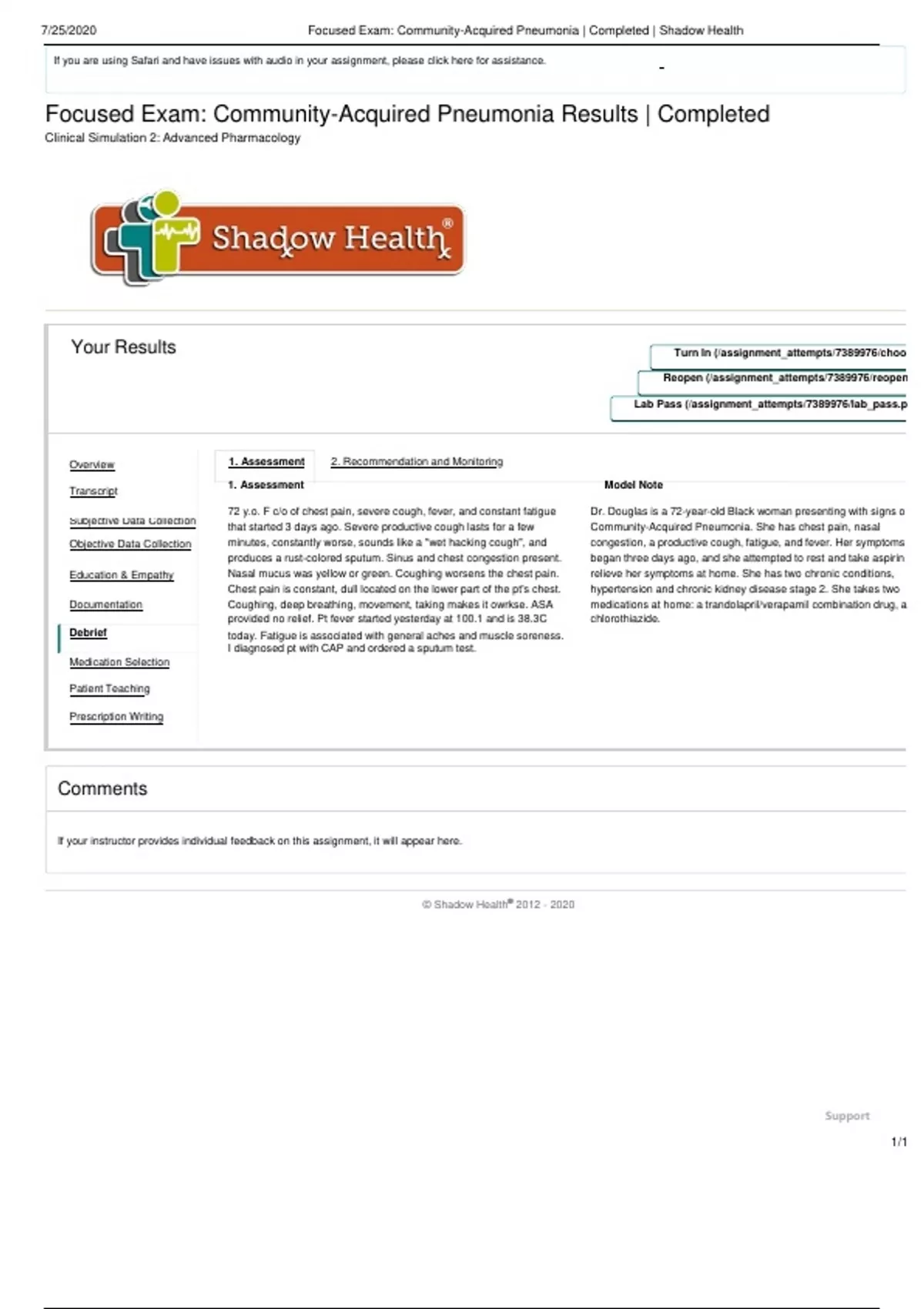 Focused Exam: Community-Acquired Pneumonia Shadow Health- Debrief ...