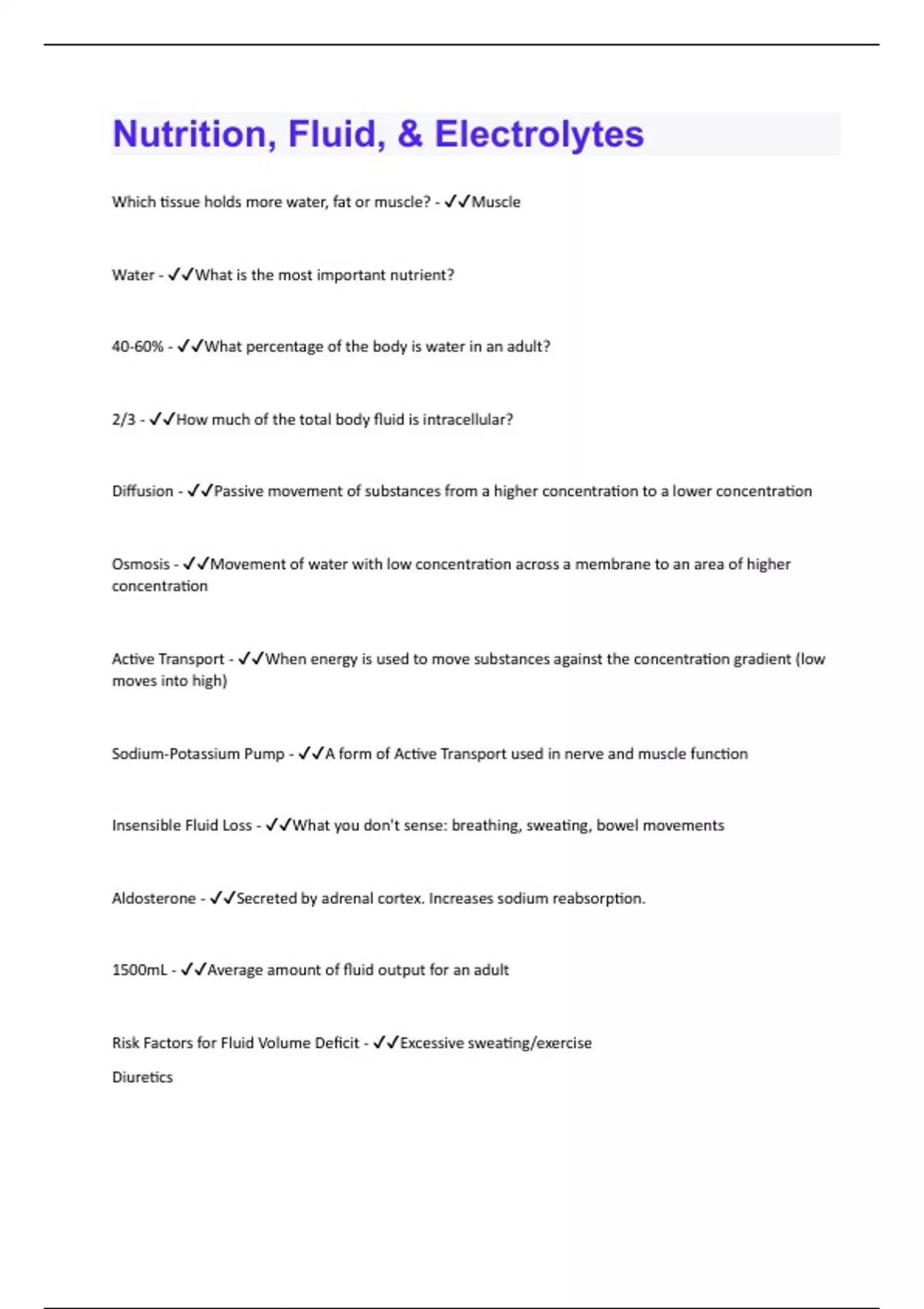 Nutrition, Fluid, & Electrolytes| 133 Questions and Answers(A+ Solution ...