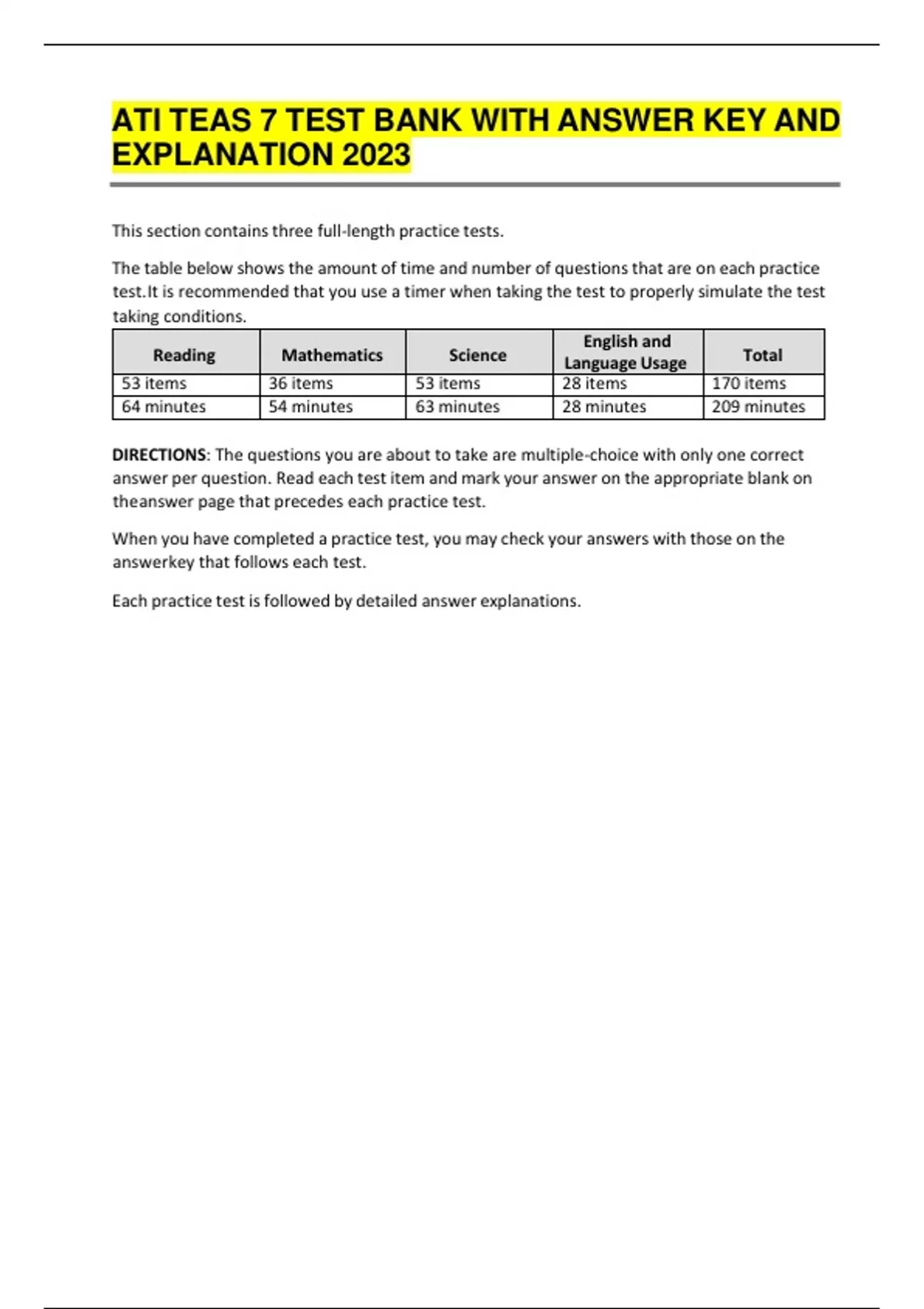 ATI TEAS 7 TEST BANK WITH ANSWER KEY AND EXPLANATION 2023 - Exa ATI ...