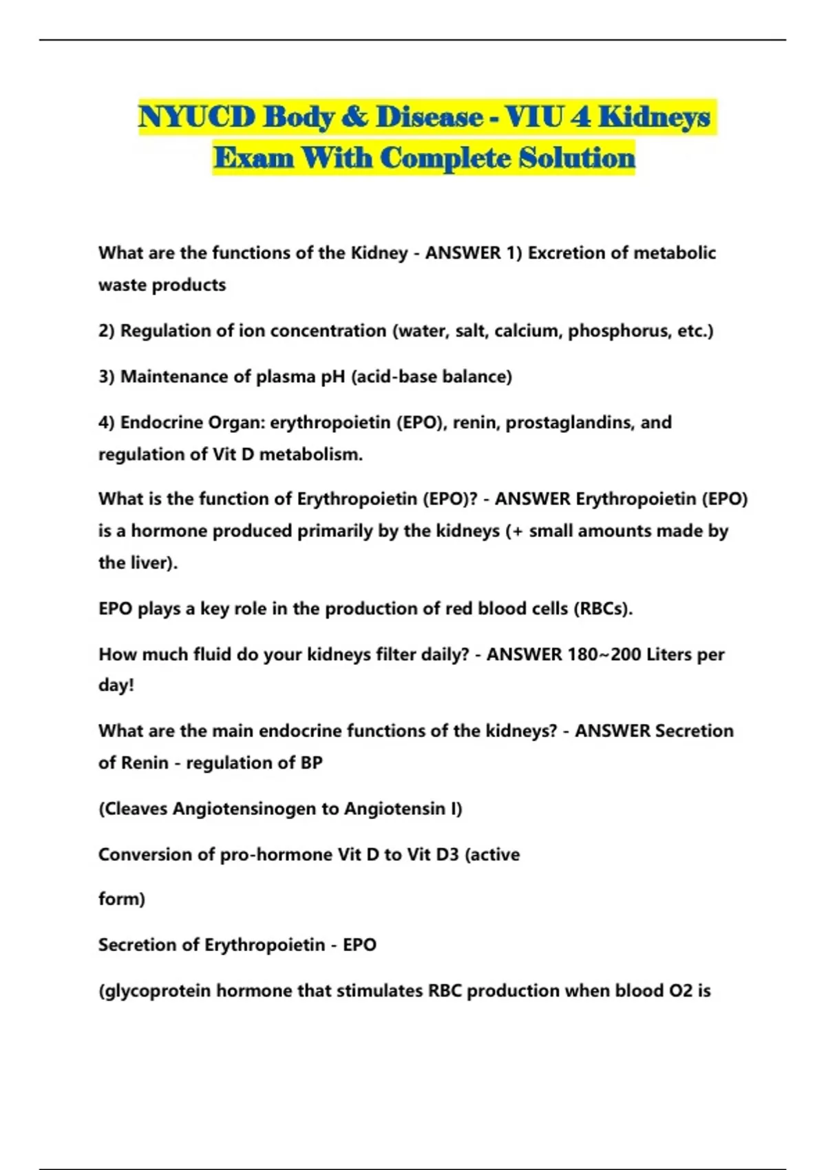 NYUCD Body & Disease - VIU 4 Kidneys Exam With Complete Solution ...