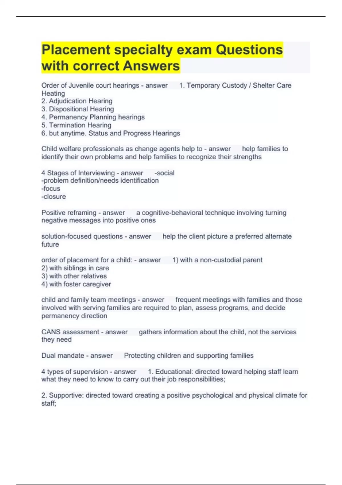 Placement specialty exam Questions with correct Answers - CERAP - Stuvia US