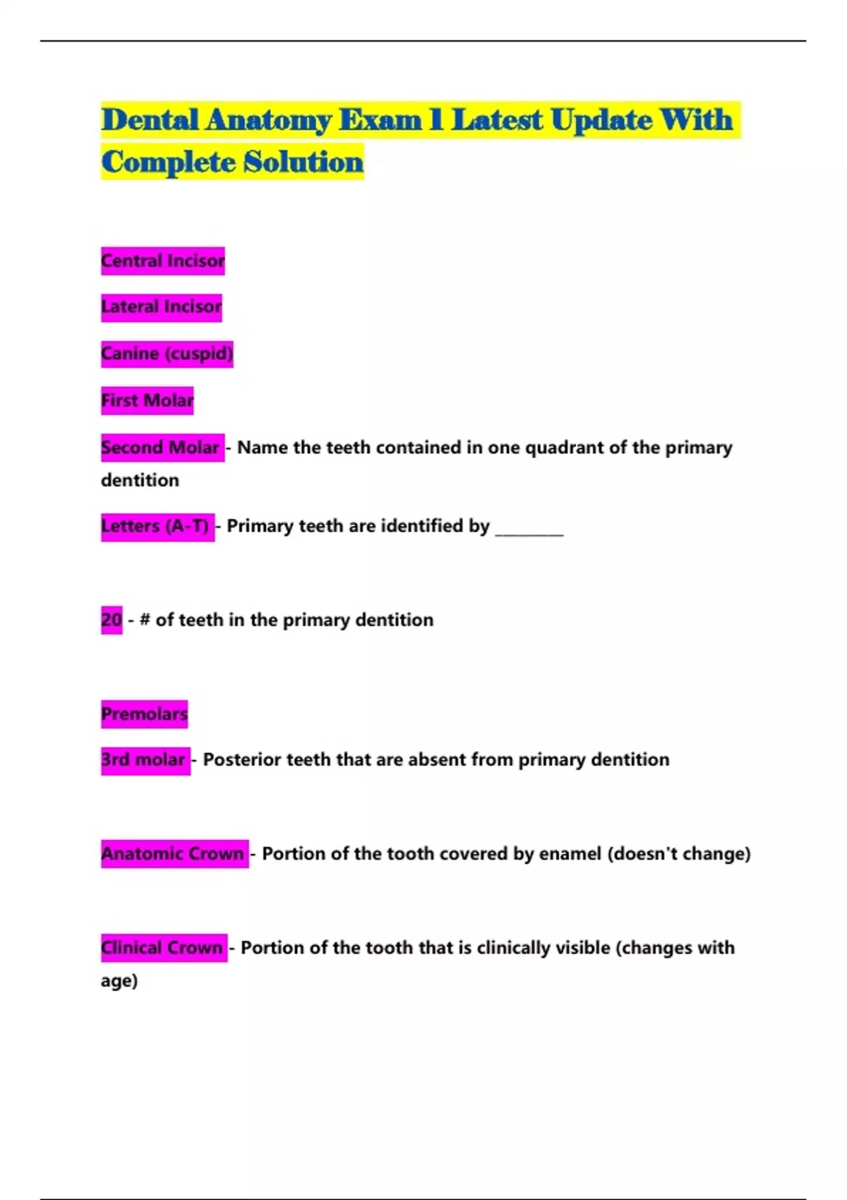 Dental Anatomy Exam 1 Latest Update With Complete Solution - Dental ...