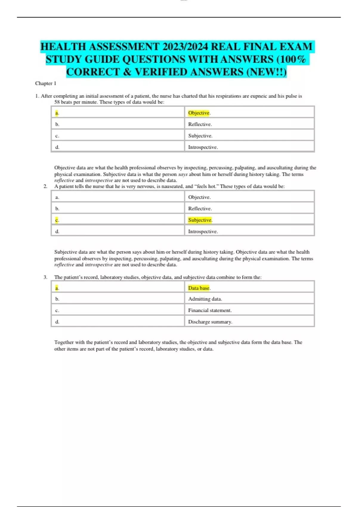HEALTH ASSESSMENT 2023/2024 REAL FINAL EXAM STUDY GUIDE QUESTIONS WITH ...