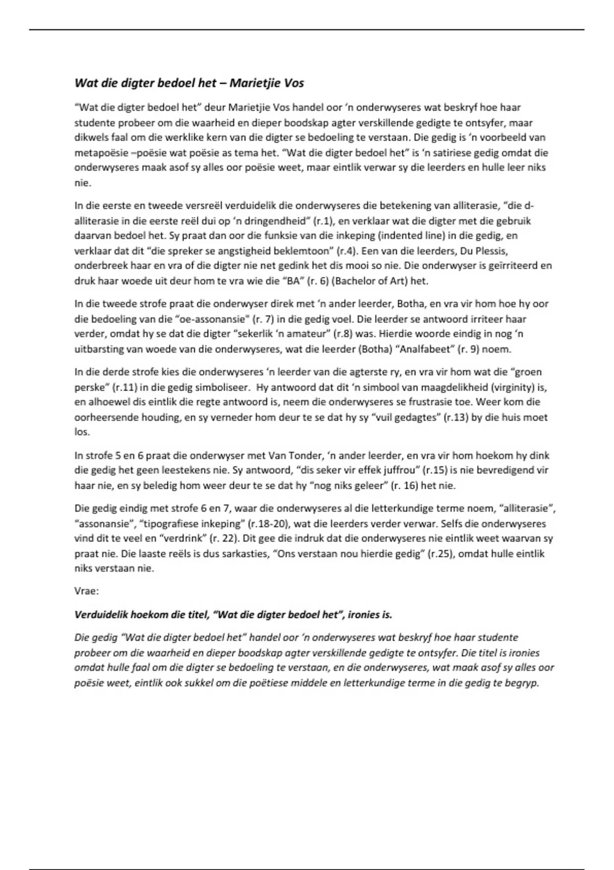 Summary Analysis of all poems needed for IEB Matric 2024 Afrikaans FAL ...
