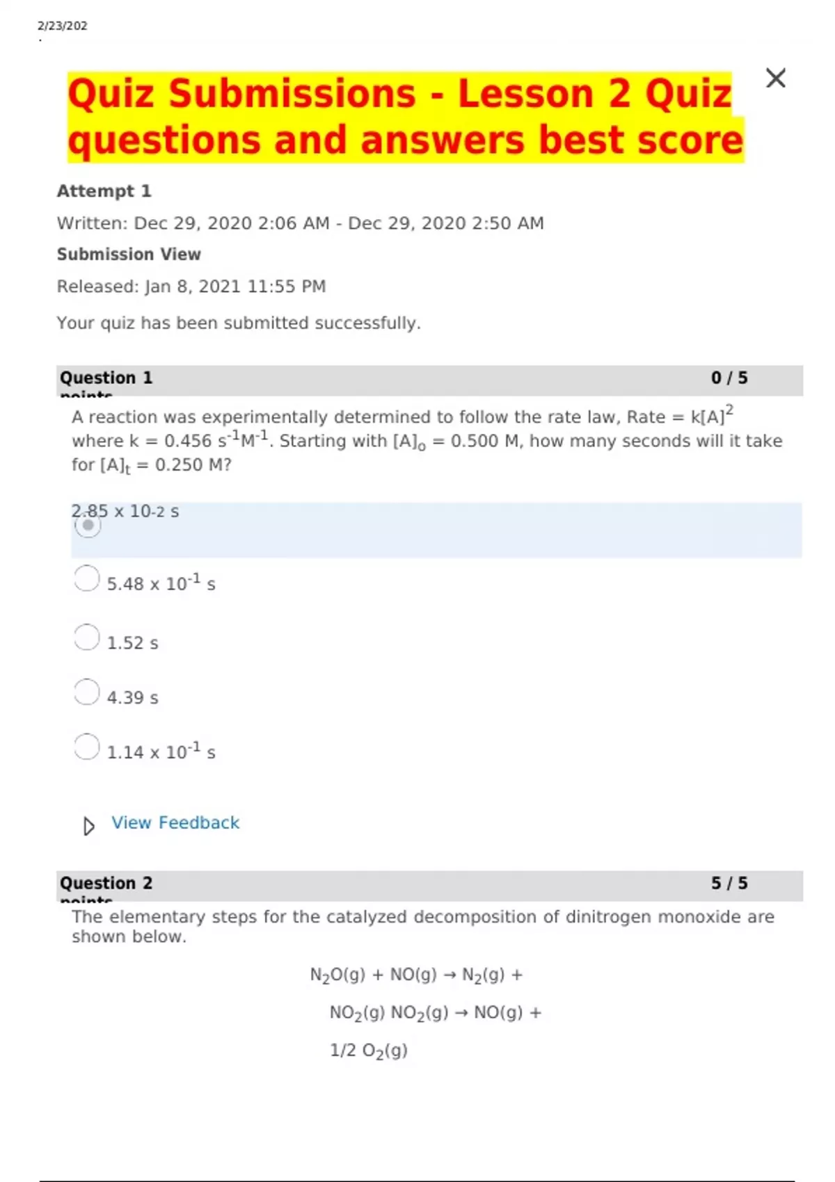 Quiz Submissions - Lesson 2 Quiz questions and answers best scoreQuiz Submissions - Lesson 2 ...