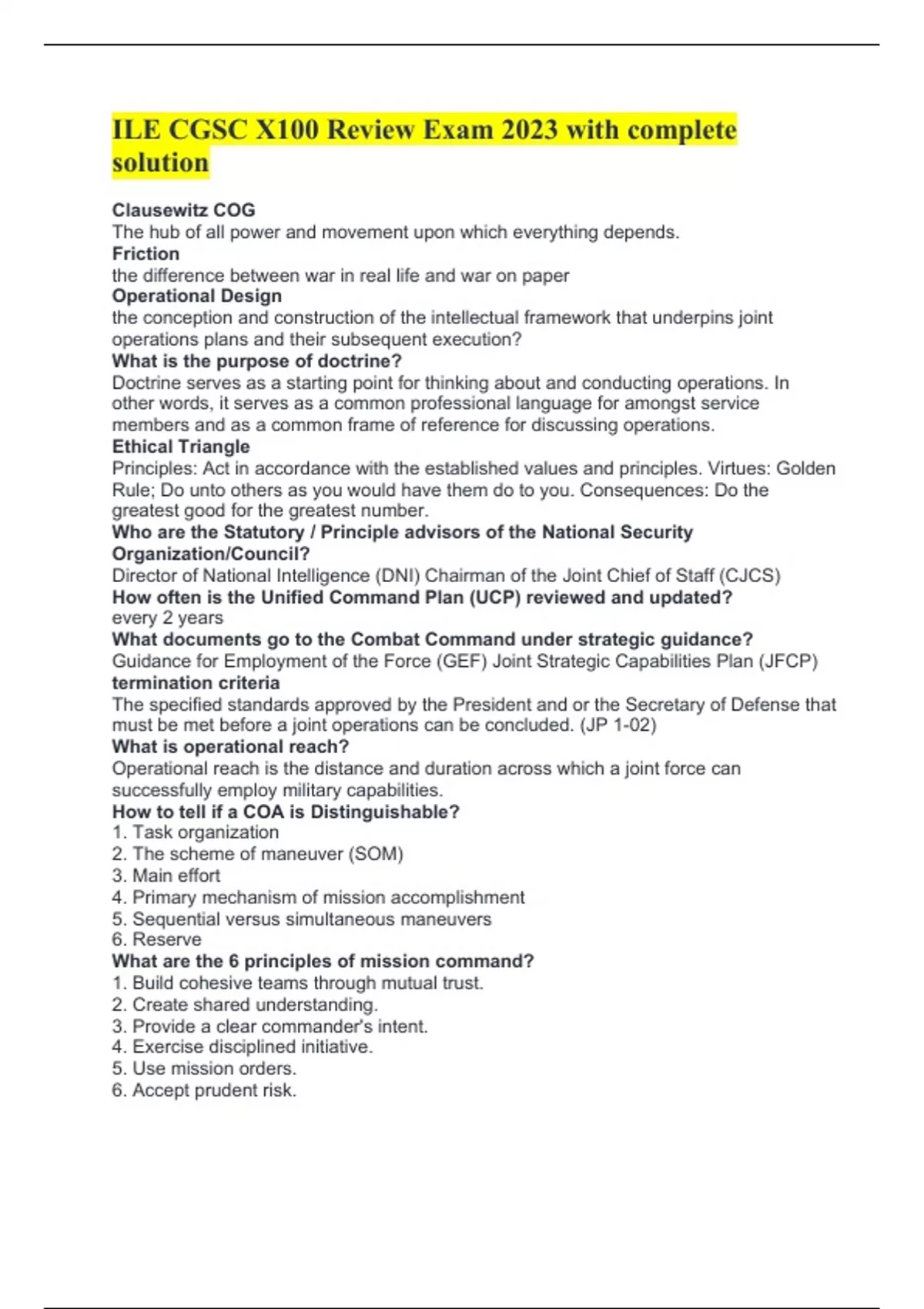 ILE CGSC X100 Review Exam 2023 with complete solution - ILE CGSC ...