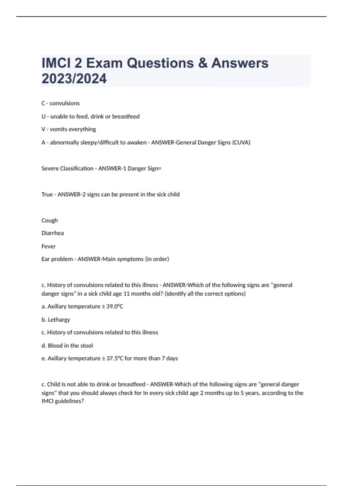 IMCI 2 Exam Questions & Answers 2023/2024 - IMCI 2 - Stuvia US