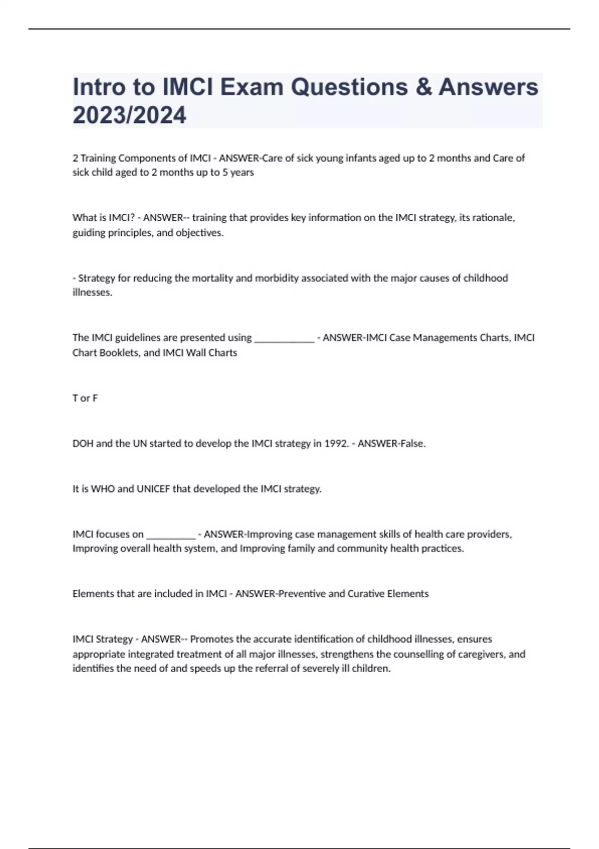 Intro to IMCI Exam Questions & Answers 2023/2024 - Intro to IMCI ...