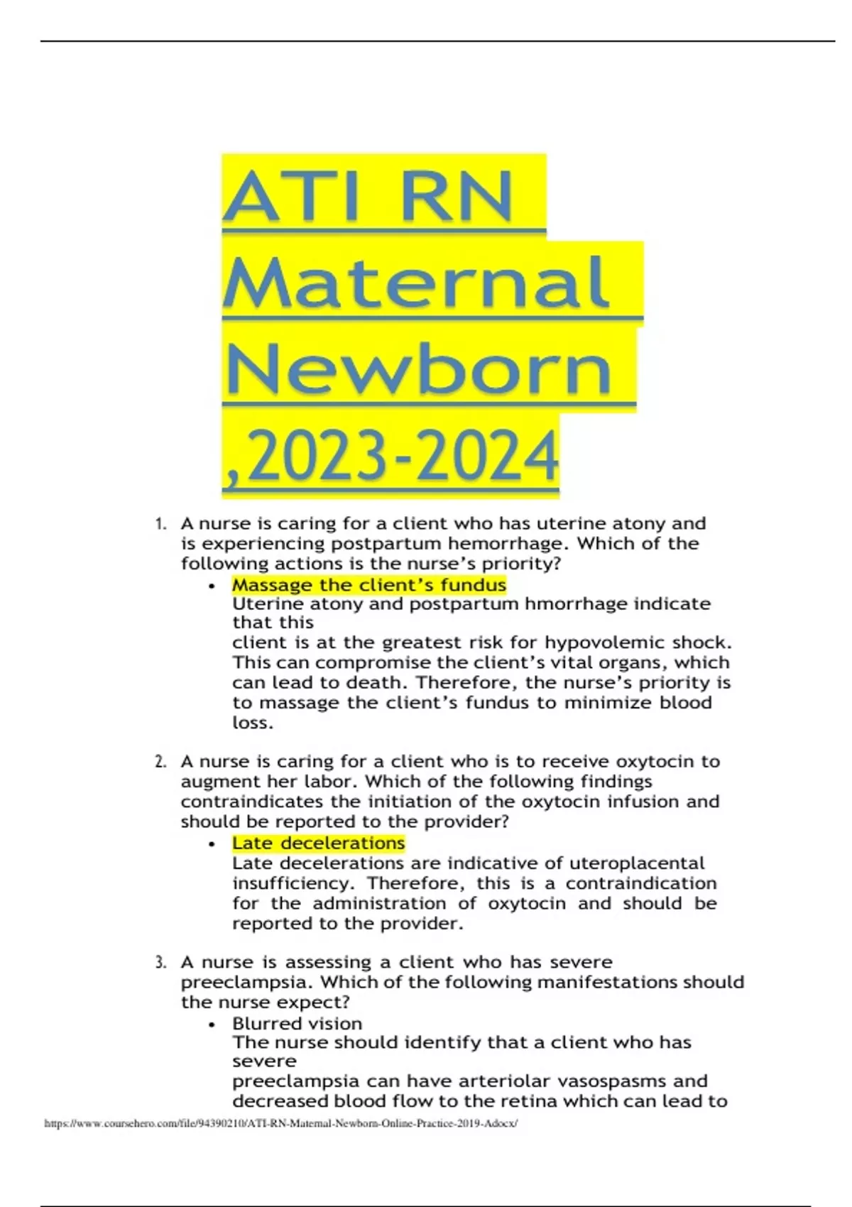 ATI RN Maternal Newborn , - ATI RN Maternal Newborn - Stuvia US