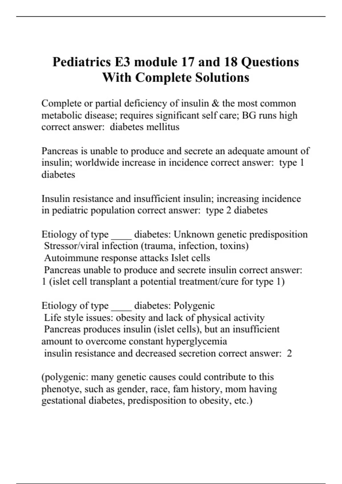 Pediatrics E3 module 17 and 18 Questions With Complete Solutions ...