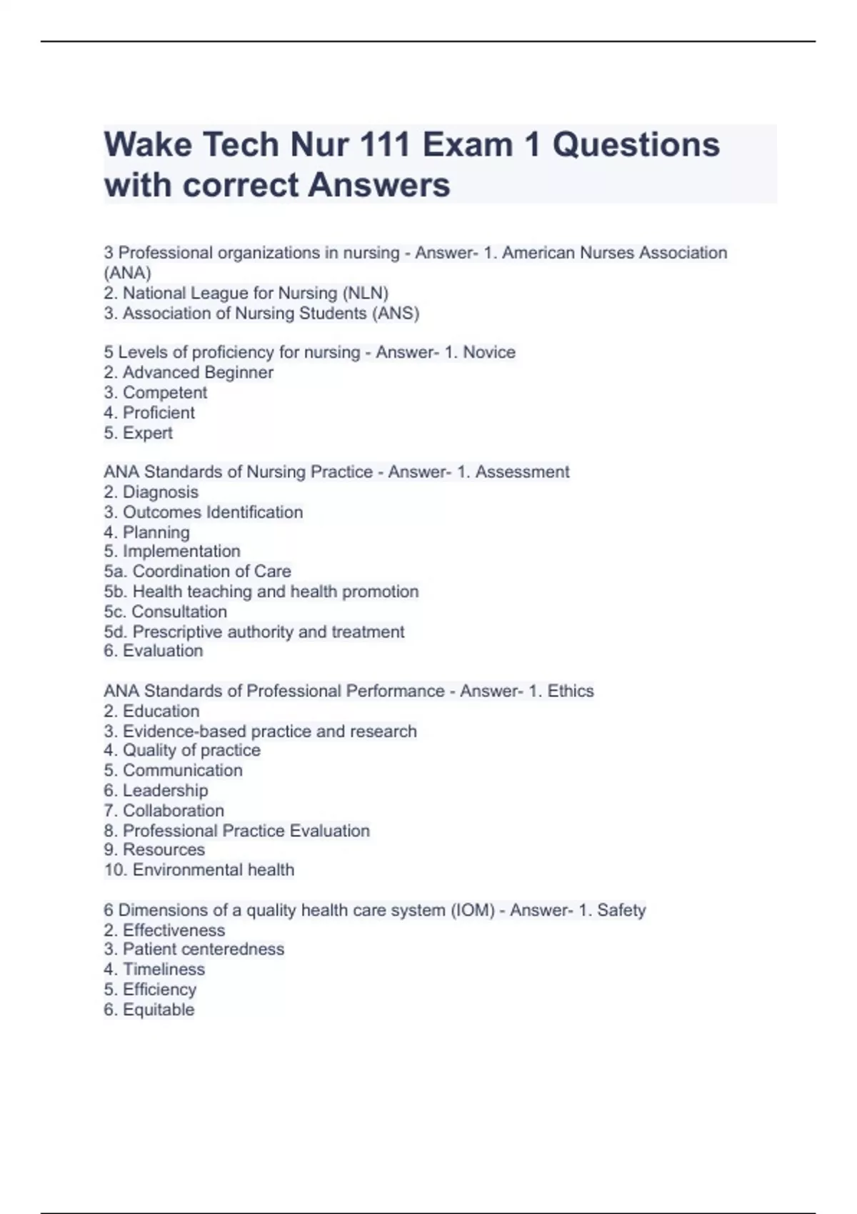 Wake Tech Nur 111 Exam 1 Questions with correct Answers - Wake Tech Nur 111 - Stuvia US