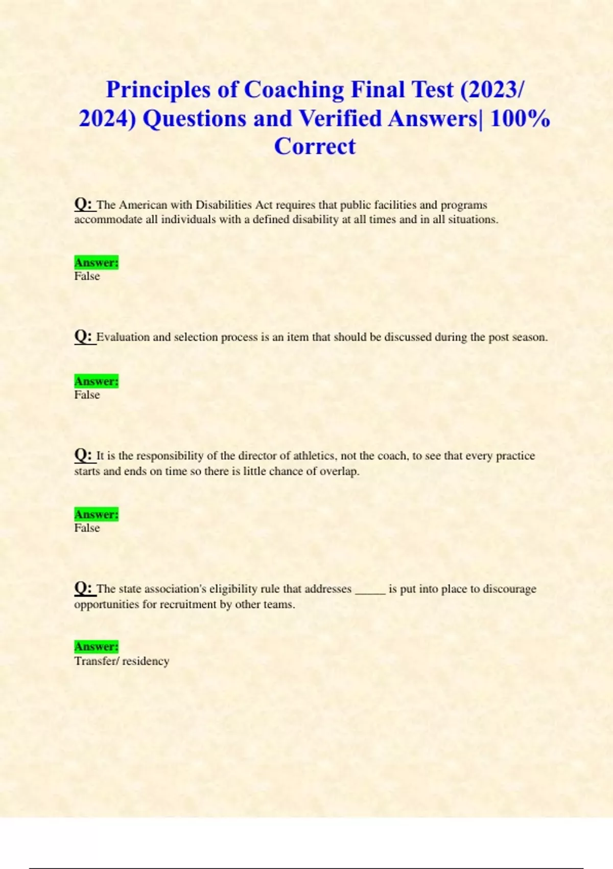 Principles of Coaching Final Test (2023/ 2024) Questions and Verified ...
