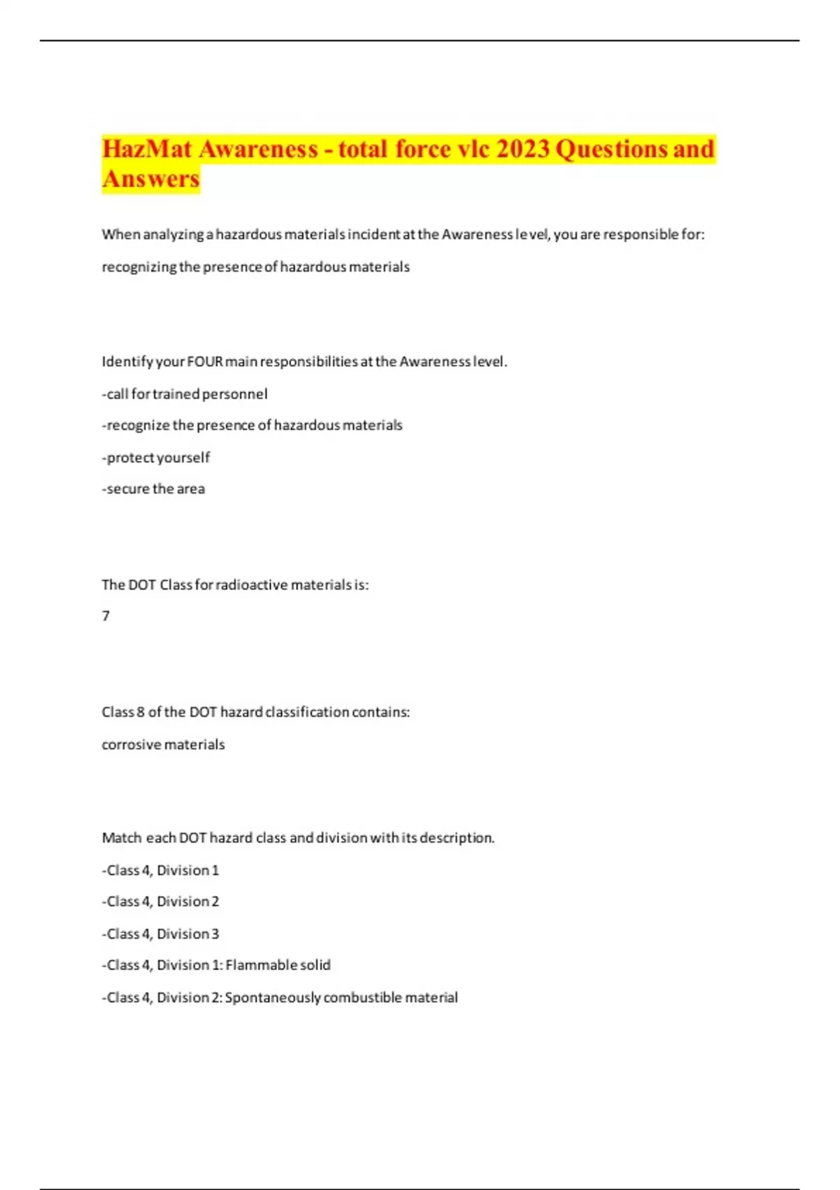HazMat Awareness - total force vlc 2023 Questions and Answers - HazMat ...