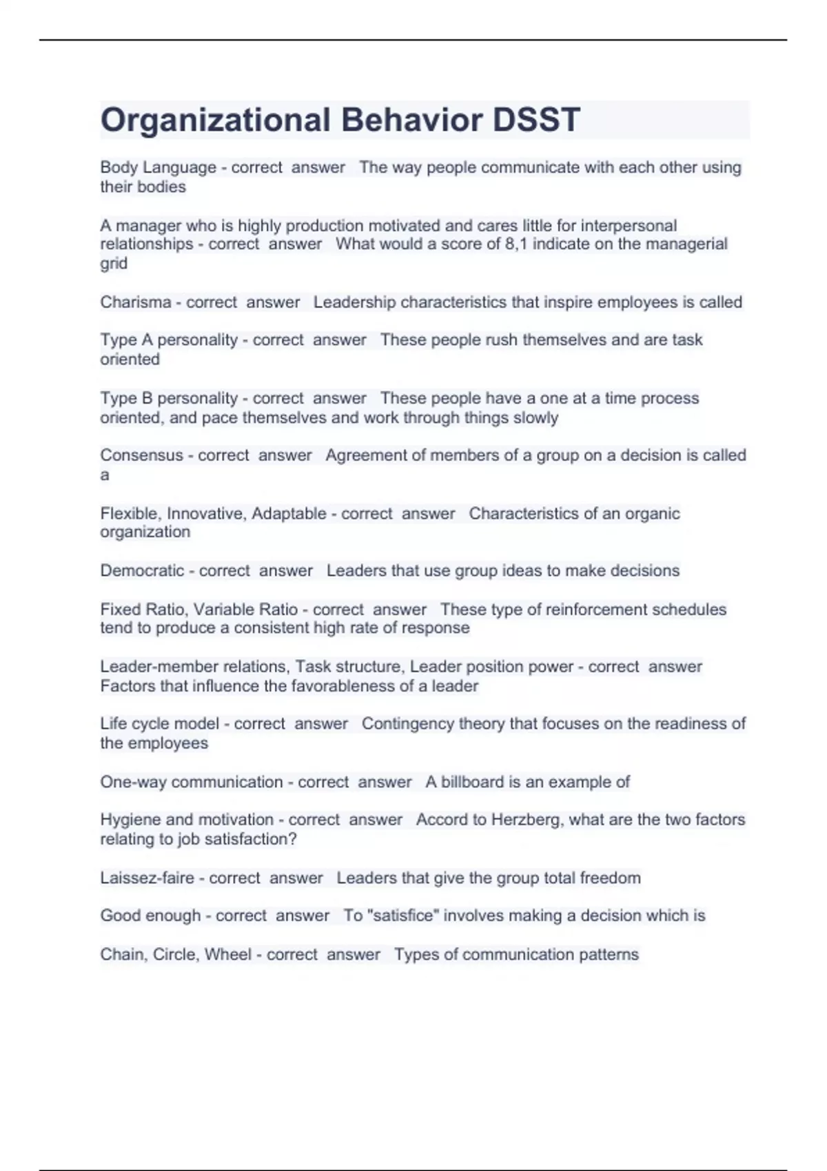 Organizational Behavior DSST Question and answers correctly solved 2023 ...