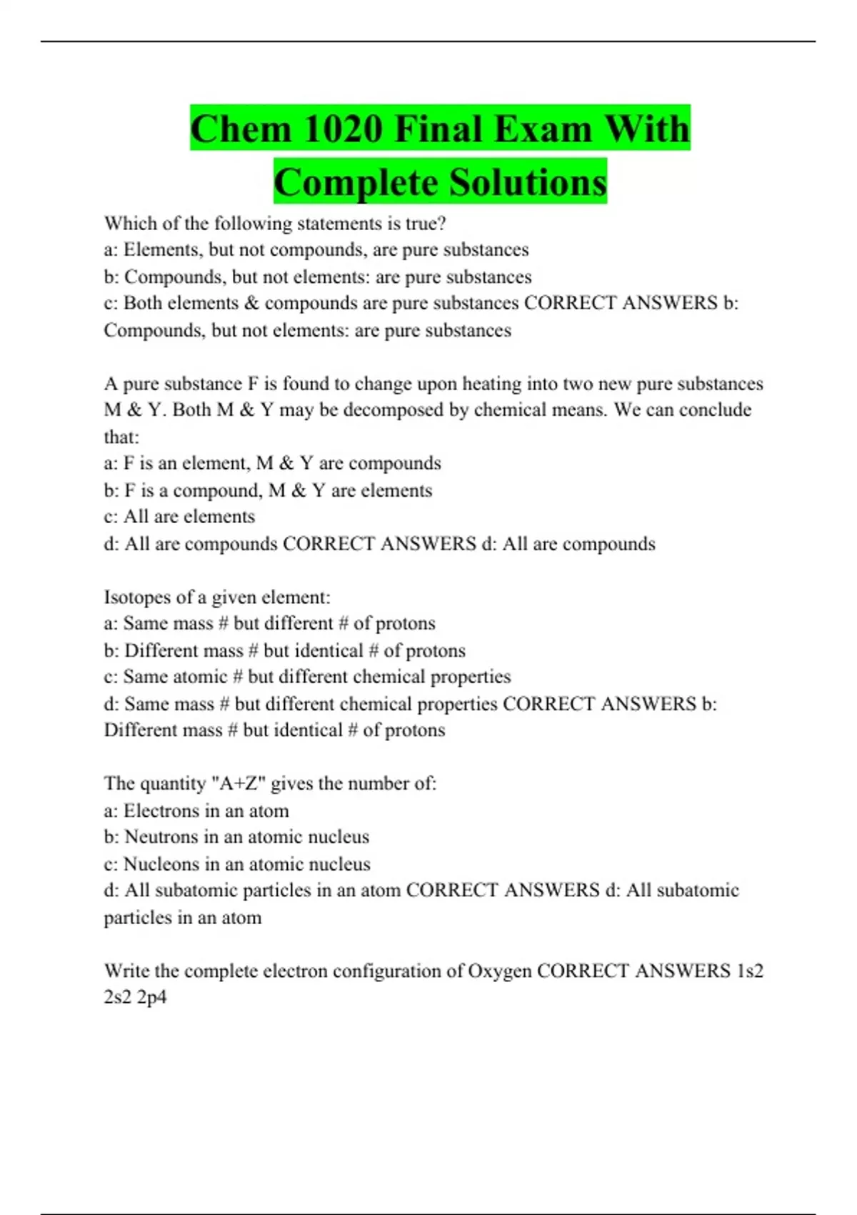 Chem 1020 Final Exam With Complete Solutions - CHEM 1020 - Stuvia US