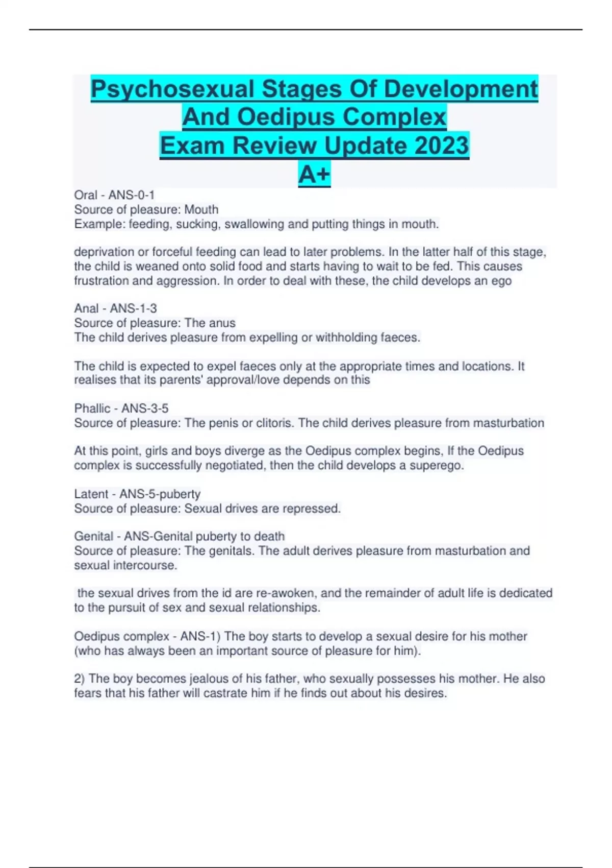 Psychosexual Stages Of Development And Oedipus Complex Exam Review ...