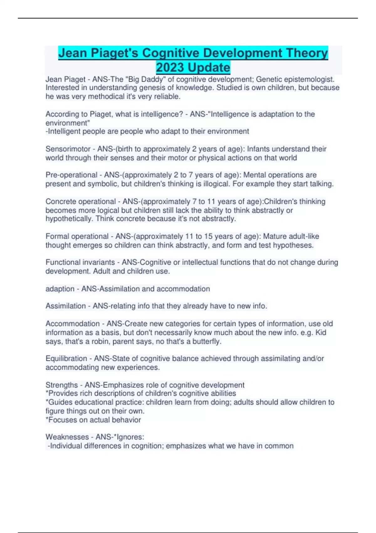 Psychology- Jean Piaget s theory Exam 2023 Update A+ & Jean Piaget s Cognitive Development ...