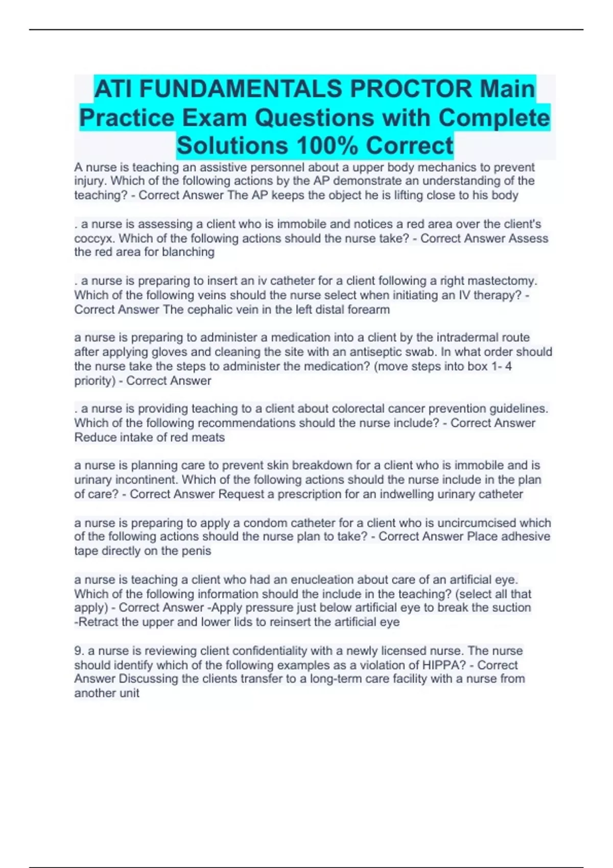 ATI FUNDAMENTALS PROCTOR Main Practice Exam Questions with Complete ...