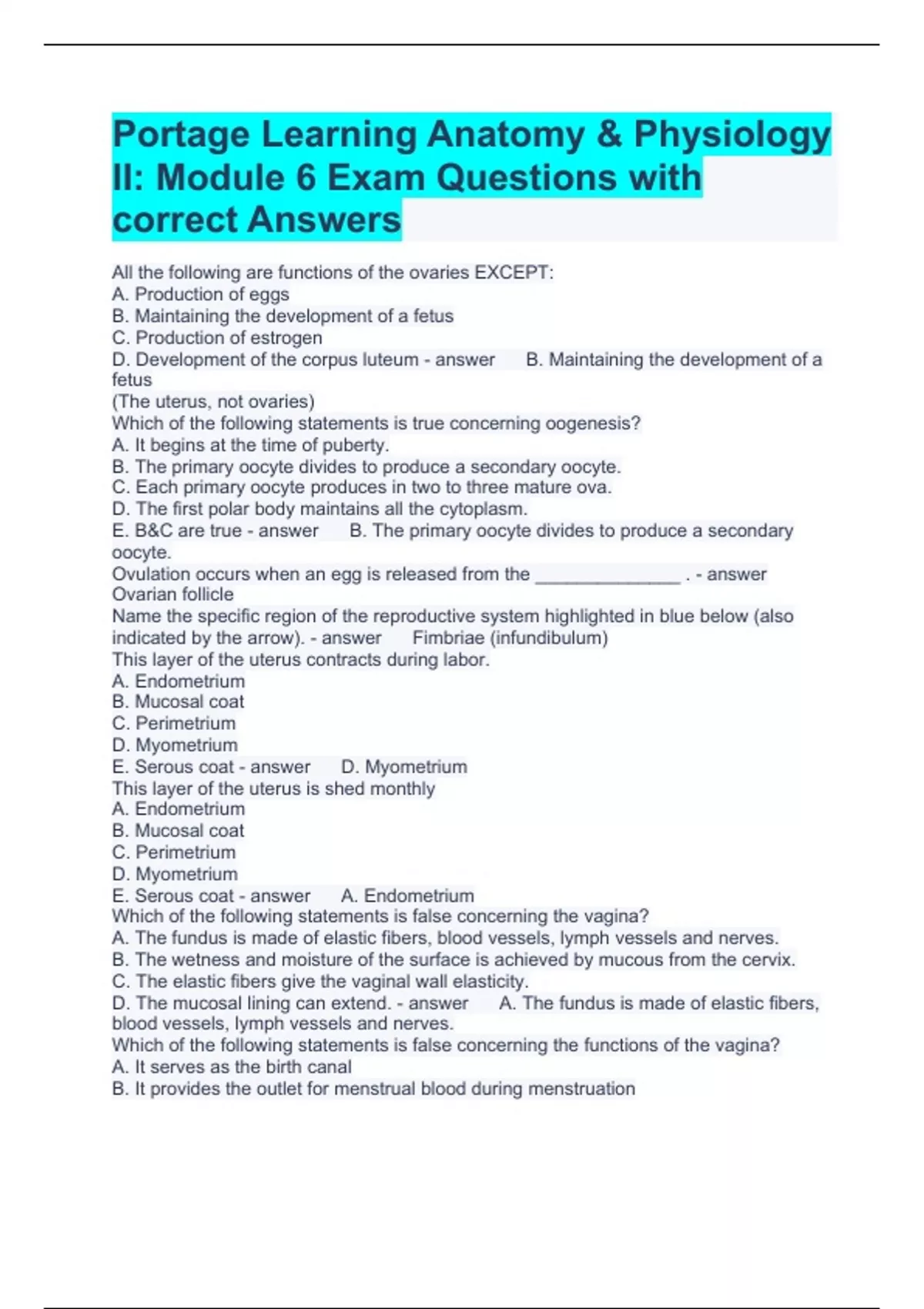 Portage Learning Anatomy & Physiology II: Module 6 Exam Questions with ...