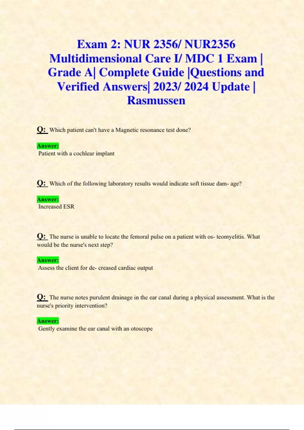 Exam 2: NUR 2356/ NUR2356 Multidimensional Care I/ MDC 1 Exam | Grade A ...