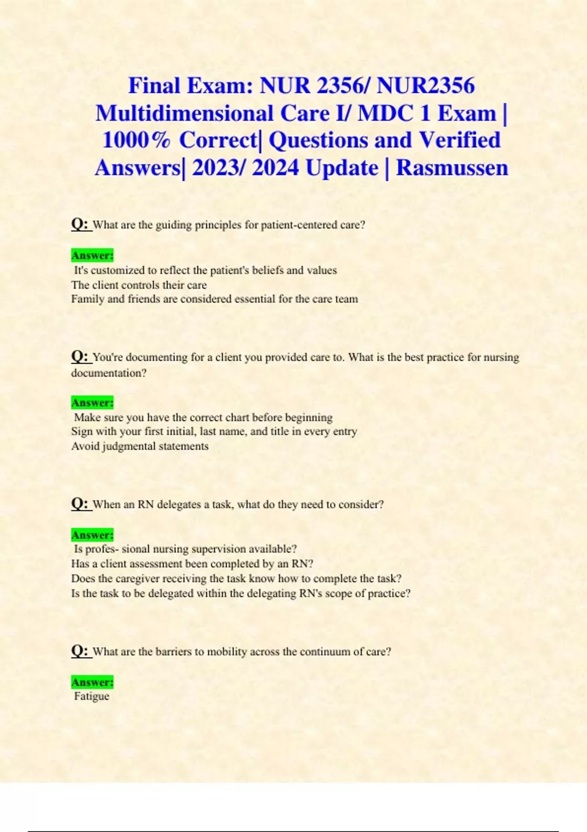 Final Exam: NUR 2356/ NUR2356 Multidimensional Care I/ MDC 1 Exam ...