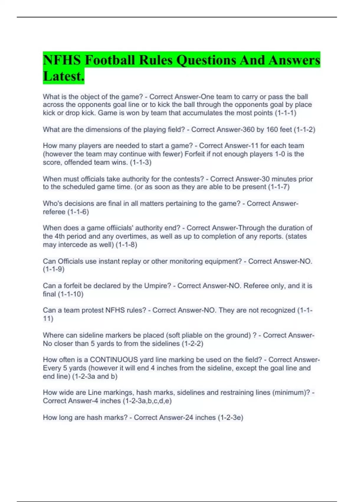 NFHS Football Rules Questions And Answers Latest. - NFHS Football ...