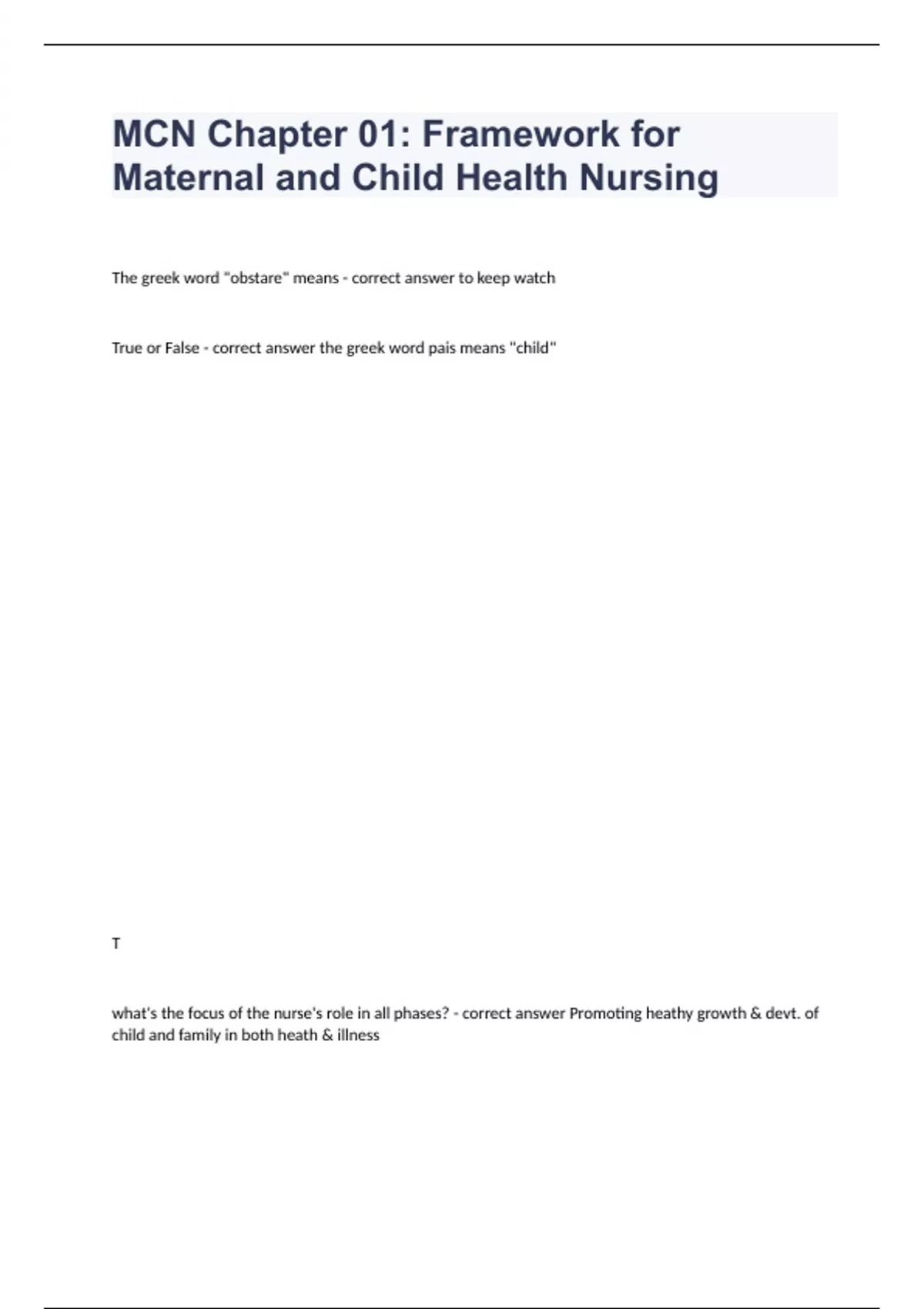 MCN Chapter 01 Framework for Maternal and Child Health Nursing 2023 already passed - MCN - Stuvia US