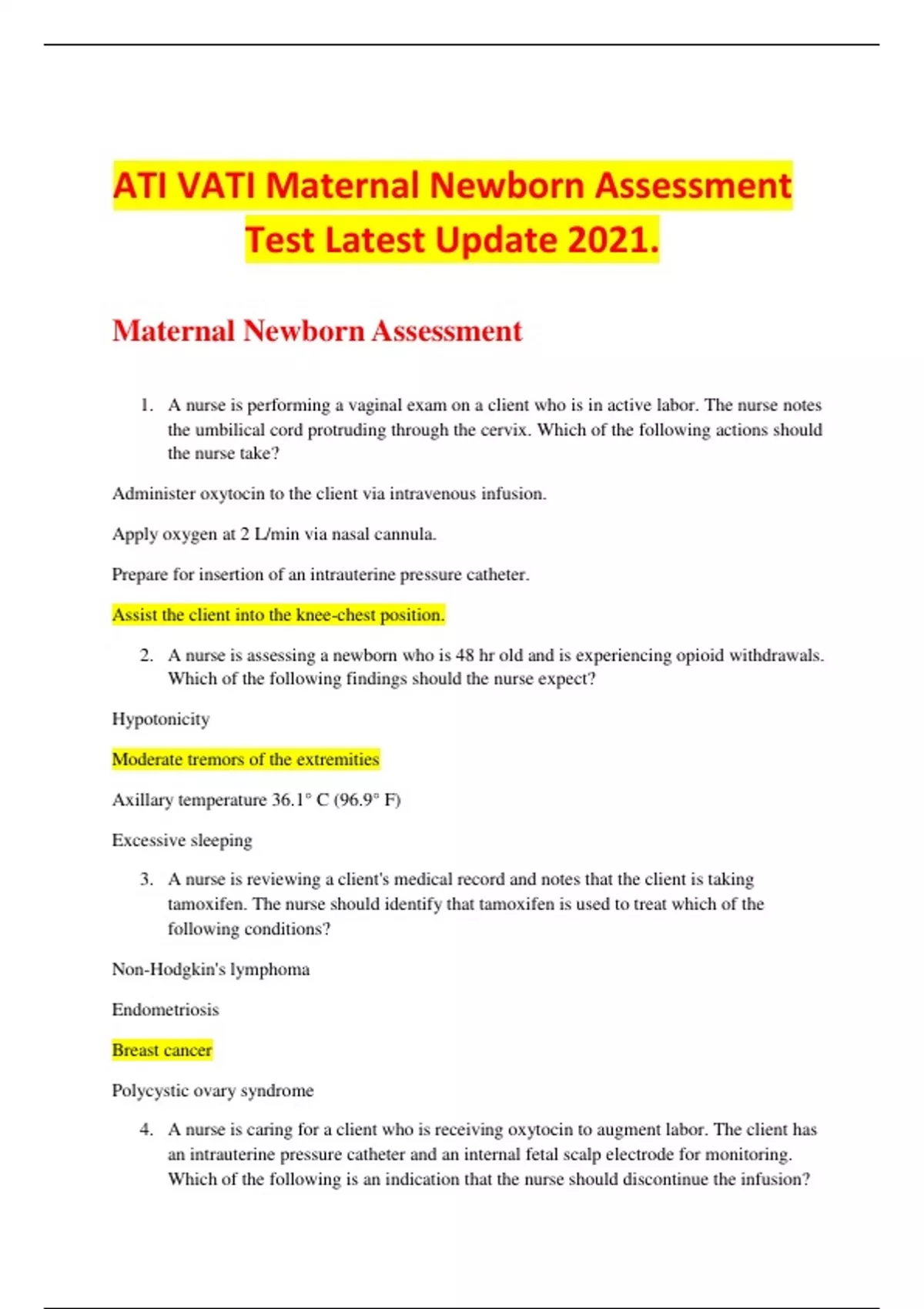 ATI VATI Maternal Newborn Assessment Test Latest Update 2021 - ATI VATI ...